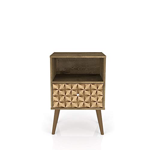 Manhattan Comfort Liberty Mid Century Modern Nightstand with Drawer and Cubby, Bedside Table for Bedroom and Living Room, Night Stand Accent Decor, Easy Assembly, Brown/Brown