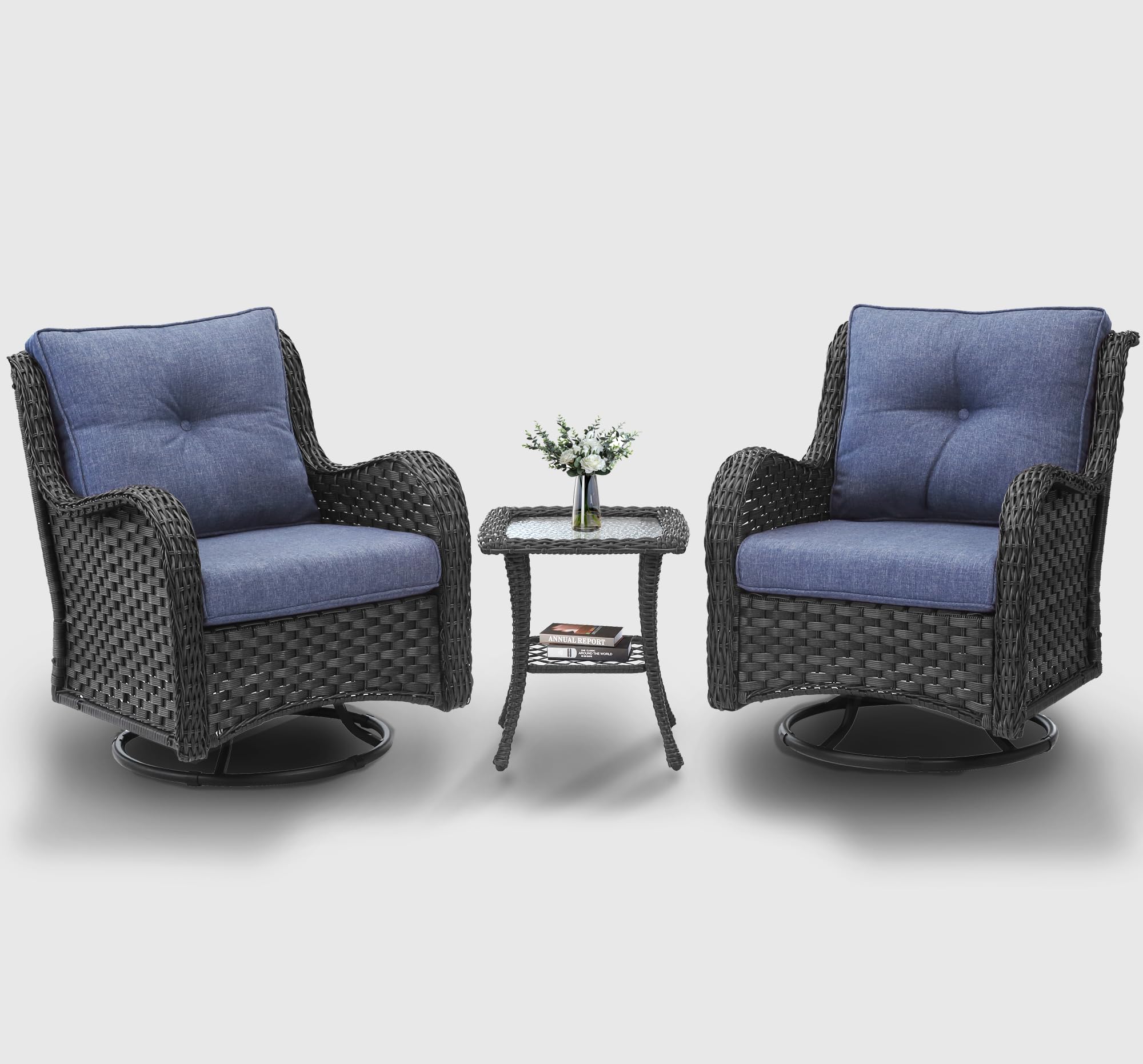 Outdoor Furniture Set, 3 Pieces Rattan Wicker Swivel Chair Coversation Set with Side Table