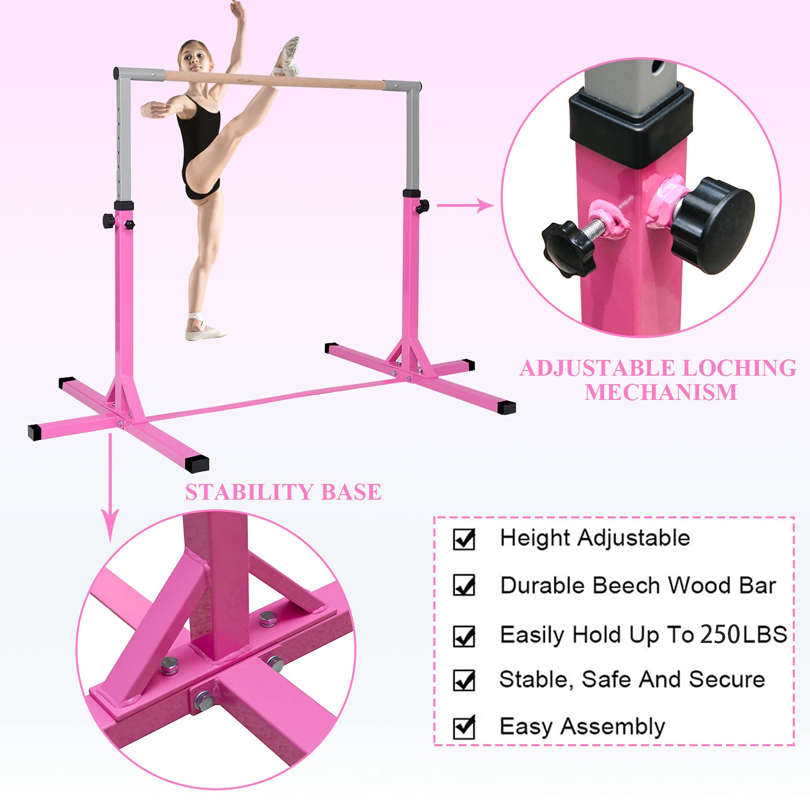 EASIGO Gymnastics Junior Training Bar - Stainless Steel 36"-59" Adjustable Weights Gymnastics Bars 1-4 Levels, 220 lbs Weight Capacity, Suit for Indoors, Home Practice (Pink)