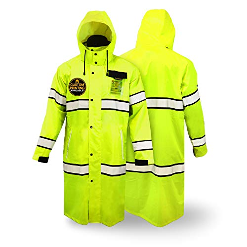 KwikSafety - Charlotte, NC - TORRENT High Visibility Rain Gear - FOLDABLE HOOD - Class 3 ANSI OSHA Reflective Waterproof Trench Safety Jacket/XL