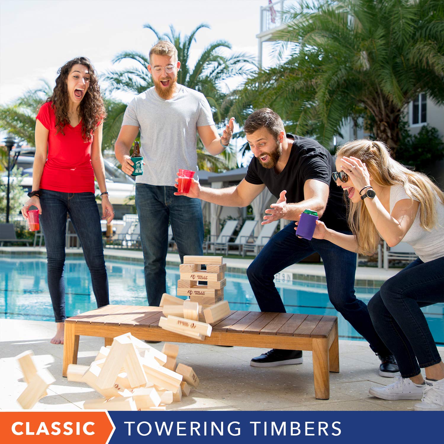 Rally and Roar Towering Timbers Giant Tumbling Timbers Game 2.5 feet Tall (Build to Over 5 feet) Classic Wood Version - for Adults, Family Stacking Blocks Set w/Canvas Bag