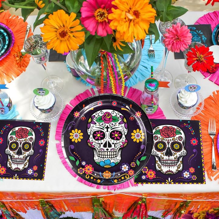 Day of the Dead Party Tableware Set,Sugar Skull Dia De Los Muertos Tableware Include Plates,Napkins,Cups and Tablecloth for Mexican Party Fiesta Decoration Supplies(Serve 16)