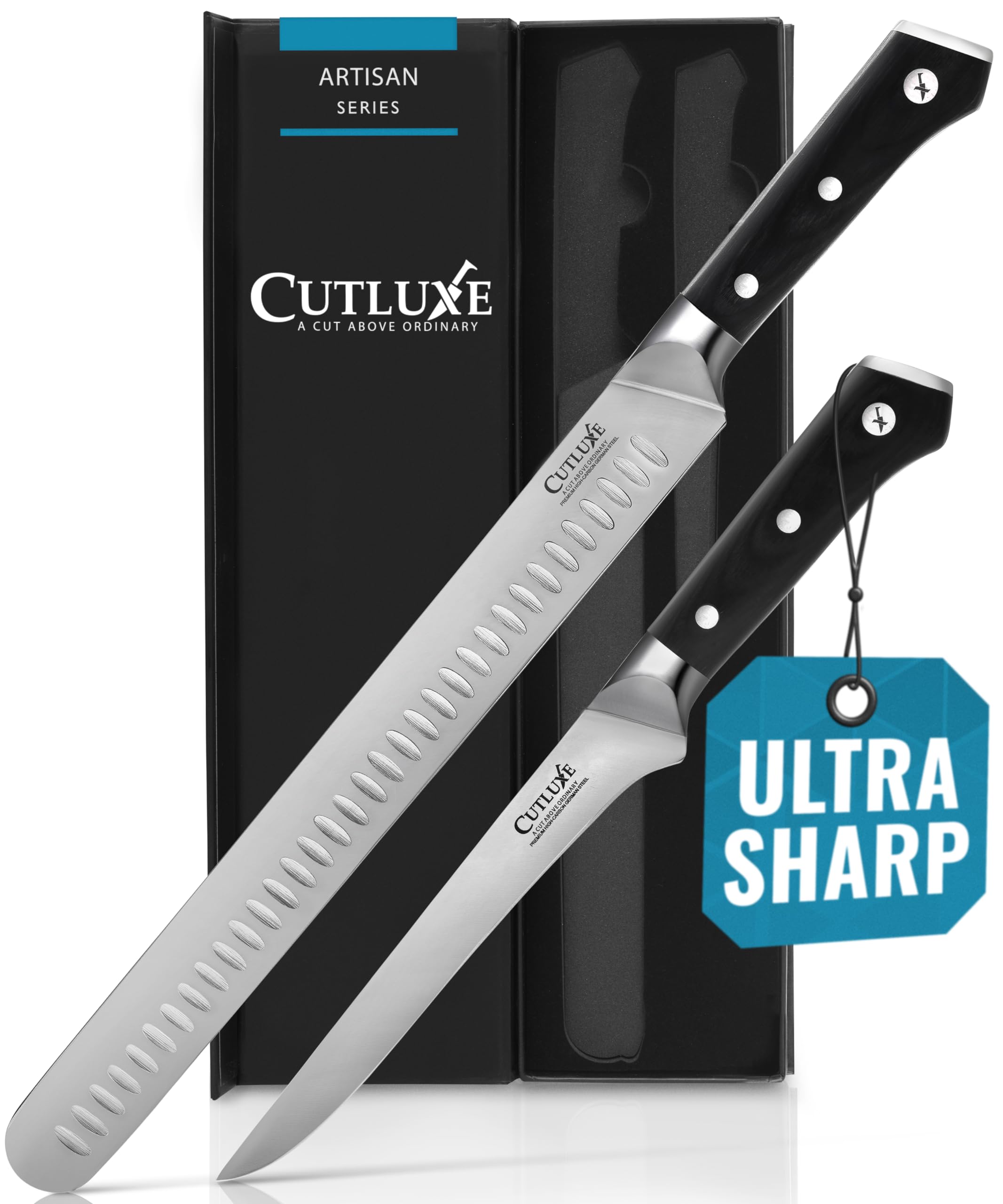 Cutluxe BBQ Carving Knife Set ā Brisket Slicing Knife and Boning Knife for Meat Cutting ā Professional Knife with Razor Sharp German Steel, Full Tang, Ergonomic Handles ā Artisan Series