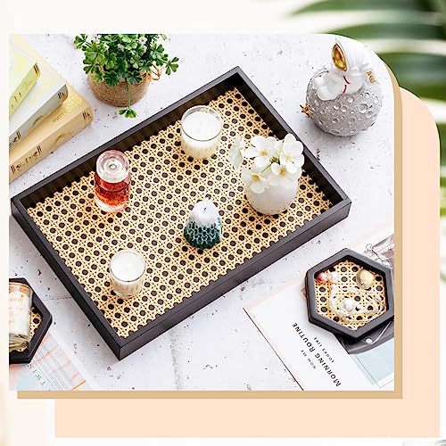 Rectangle Rattan Hometray Serving Tray with 4 Pcs Hexagon Rattan Black Coasters Ottoman Food Tray Rattan Decorate Basket Tray with Wooden Frame for Coffee Breakfast Drink Jewelry Accessory Square Tray