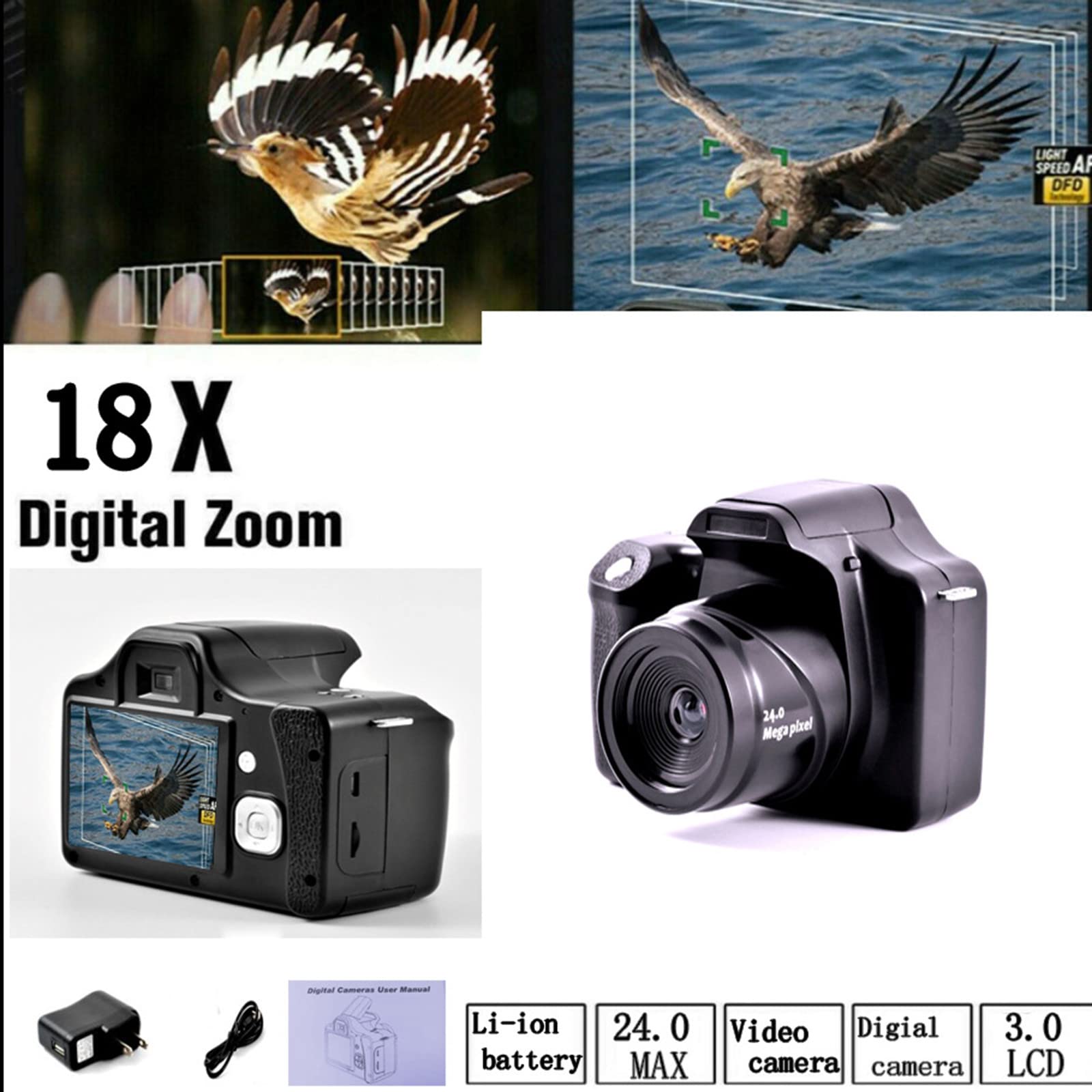 Digital Camera, FHD 1080P Camera for Kids, 1080p HD Long Focus SLR Camera 24 Megapixel Digital Camera, 18X Digital Zoom 3 Inch TFT-LCD Digital Camera Electronic Anti-Shake