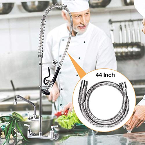 KWODE Pre-rinse Hose 44" Flexible Stainless Hose Replacement Kit For Commercial Kitchen Sink Faucet On Compartment Sinks with Spray Valve