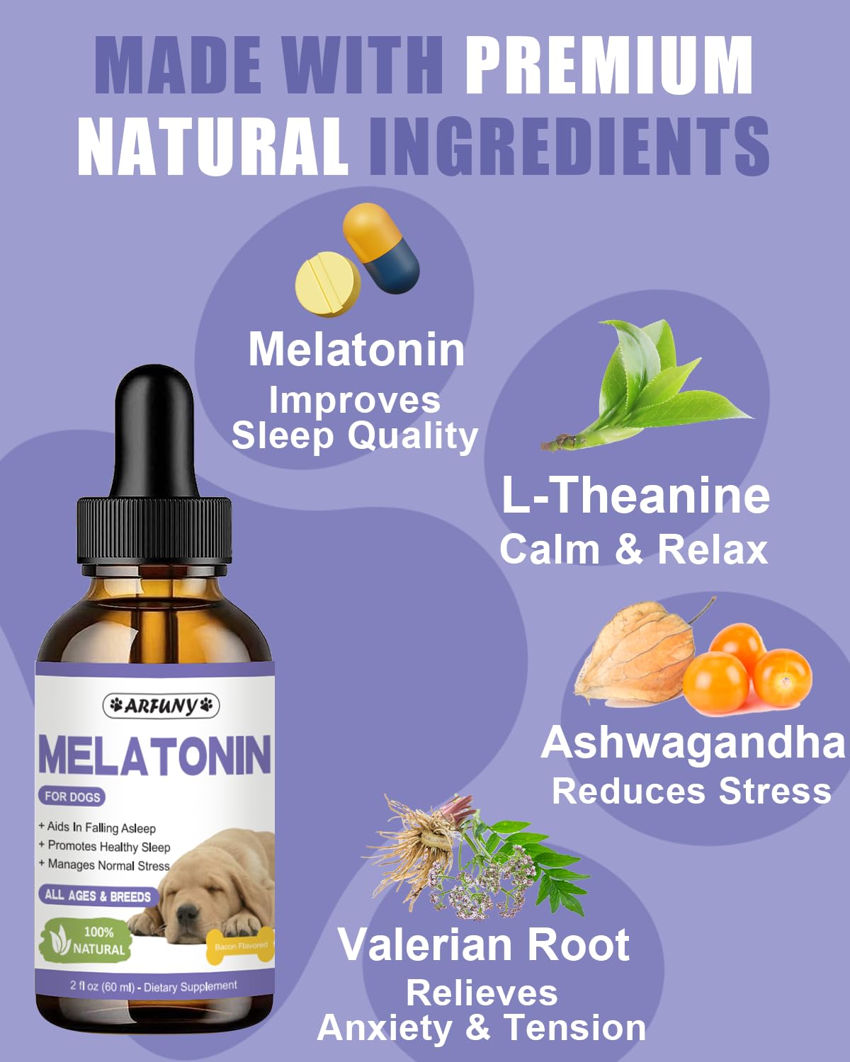 Melatonin for Dogs | 60ML Natural Calming for Dogs Anxiety & Stress with Melatonin, Valerian, Ashwagandha & L-Theanine | Liquid Melatonin for Dogs Helps with Sleep, Thunder, Fireworks | 2 oz, Bacon