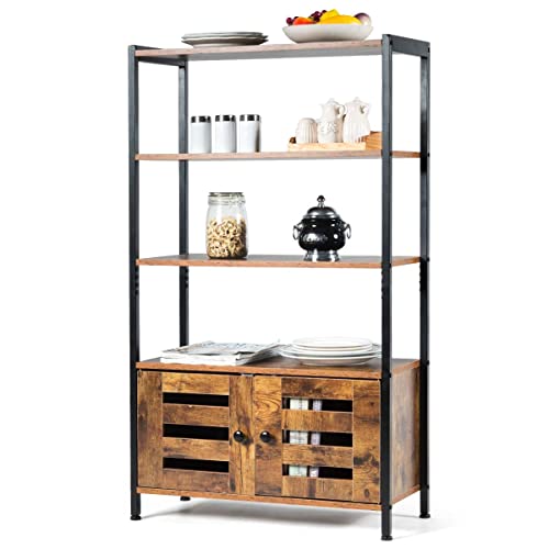 Tangkula Storage Cabinet, Industrial Bookshelf and Bookcase, Freestanding Floor Cabinet with 3 Shelves and 2 Louvered Doors, for Living Room Study Home Office, 27.5 x 12 x 47.5 Inch, Rustic Brown