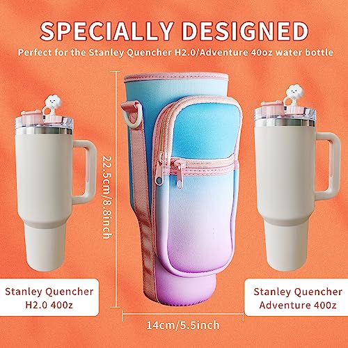 Water Bottle Carrier Bag for Stanley Quencher H2.0, 40oz Bottle Pouch Holder with Adjustable Shoulder Strap, Water Bottle Sling Sleeve with Phone Pocket for Hiking Travelling Camping (Bluepurple)