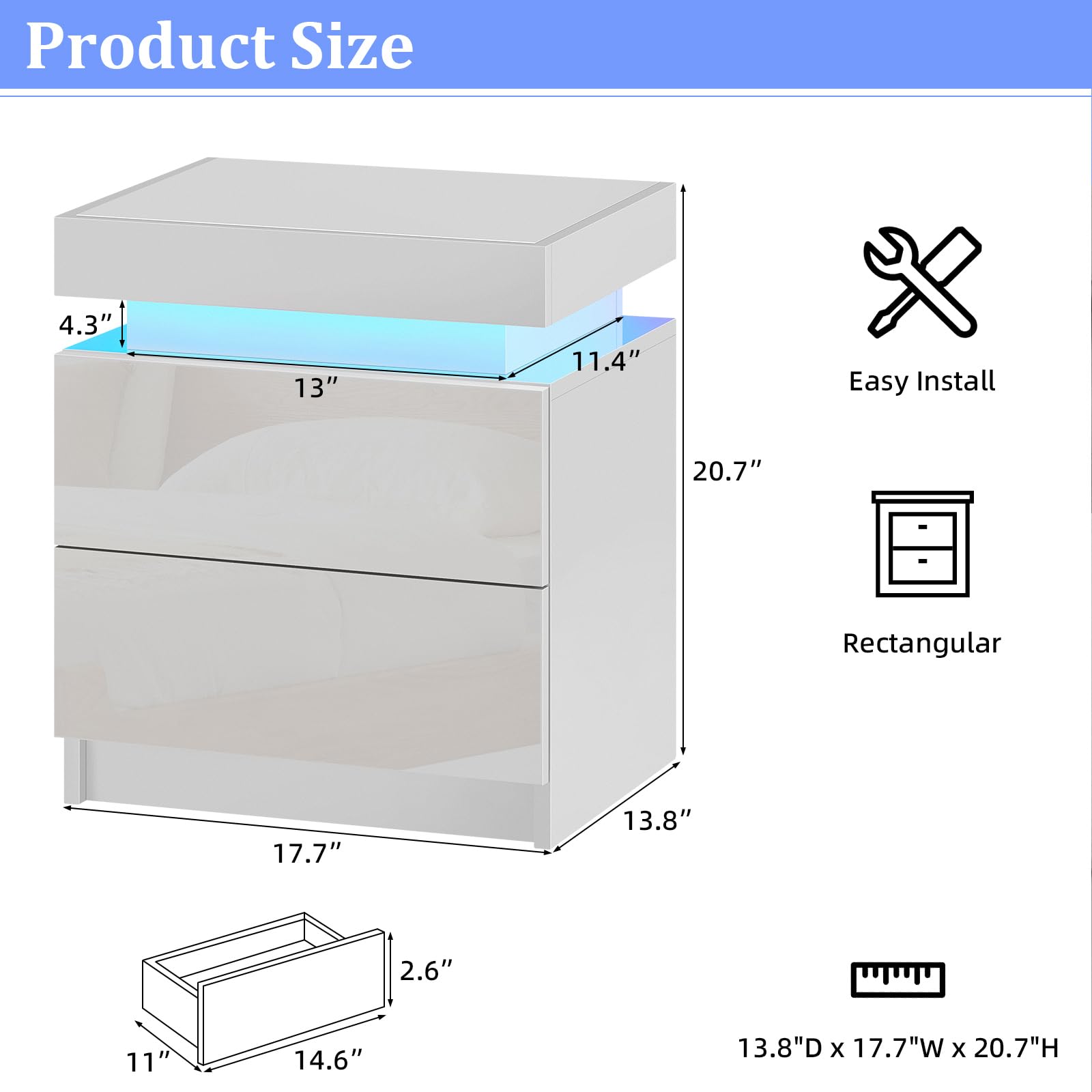 OFCASA Nightstand Set of 2 with LED Light Modern Bedside Table with 2 High Gloss Drawers Smart Night Stand for Bedroom and Living Room(White)