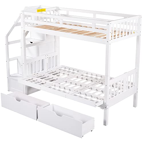 Twin Over Full Futon Bunk Beds with Stairs and Storage Drawers Convertible Wood Bunk Bed Frame Couch and Bed for Kids Boys Girl Adults Teens Dorm, White