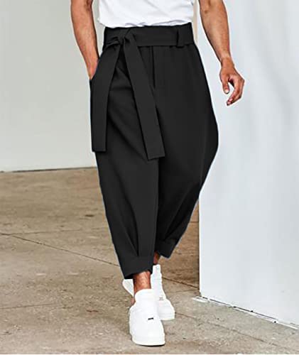 SOMTHRON Men's Harem Cropped Pants Elastic Waist Belted Baggy Bow Tie Beach Yoga Ankle Length Trousers BL-L Black