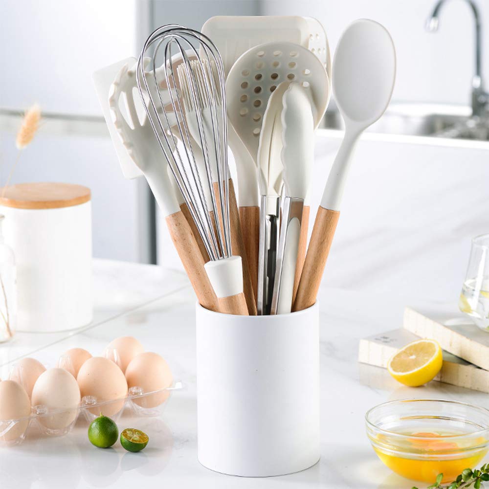 dsfen Silicone Cooking Utensil Set Non-stick Kitchen Utensils Set 10 PCS Heat Resistant Kitchen Tools with Wooden Handle