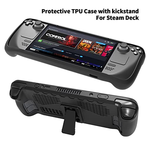 HMHAMA Protective Case with Kickstand and Button Stickers for Steam Deck Accessories, TPU Non-Slip Anti-Scratch Protective Case Bracket Trackpads Skin Back Button Grips