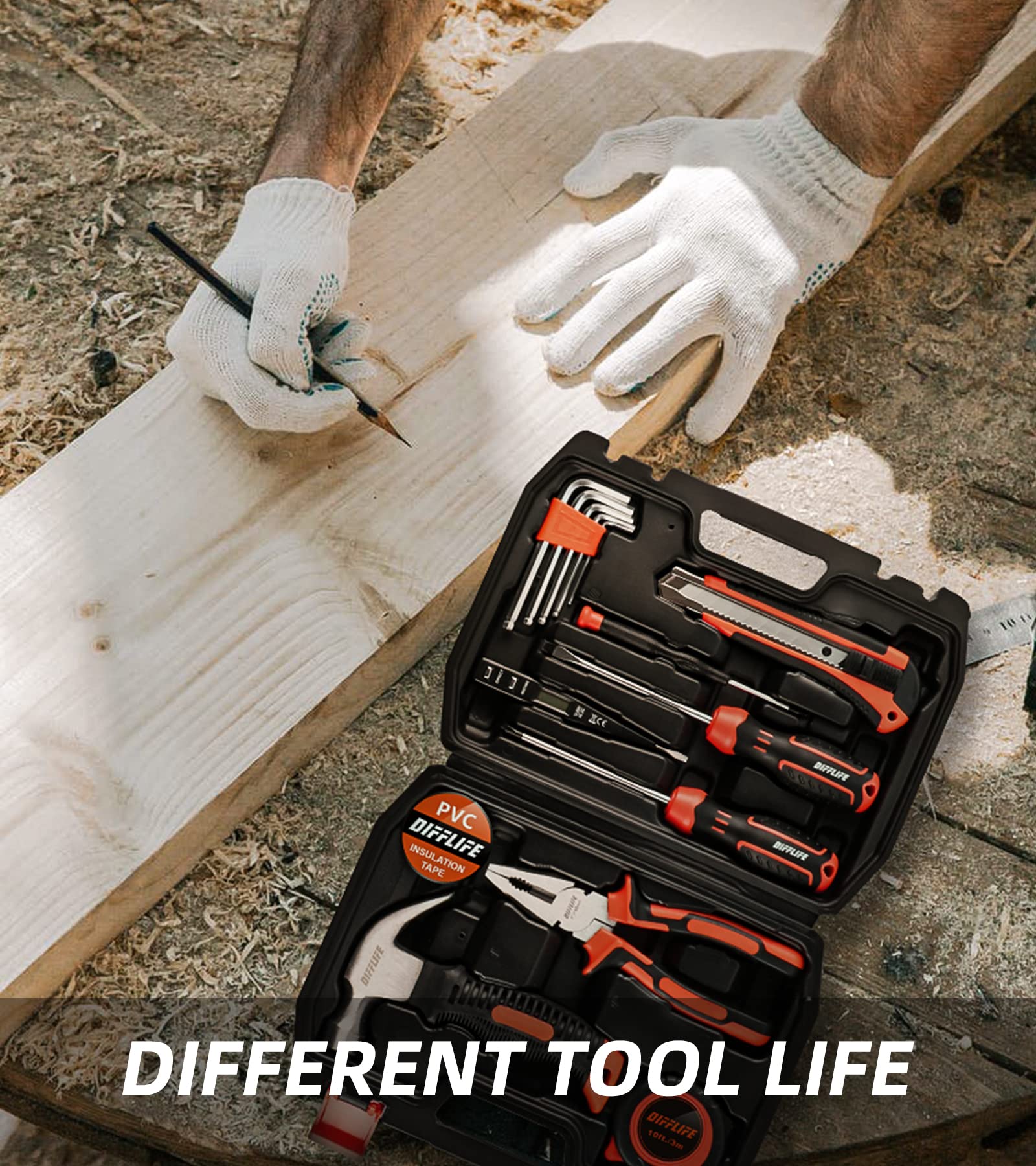 DIFFLIFE Tool Sets Household Tool Kit 15-Piece,General Home/Auto Repair Tool Set with Hammer, Pliers, Screwdriver Set and Toolbox Storage Case - Perfect for Homeowner, Diyer, Handyman (15-Piece)…