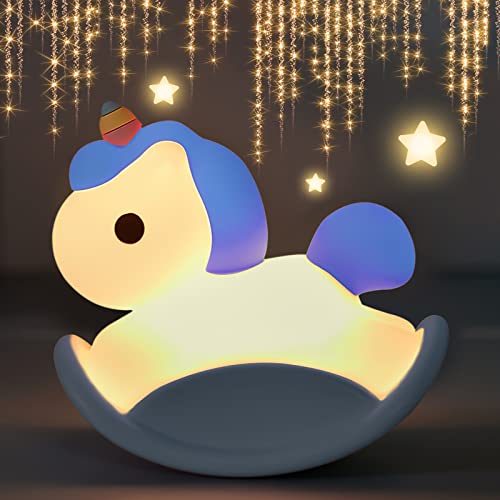 fufeisi Unicorn Night Lights for Kids Bedroom Decor, Kawaii Rechargeable Silicone Warm Nightlights with 30min Timer, Bedside Touch Lights for Baby Toddler Nursery Blue