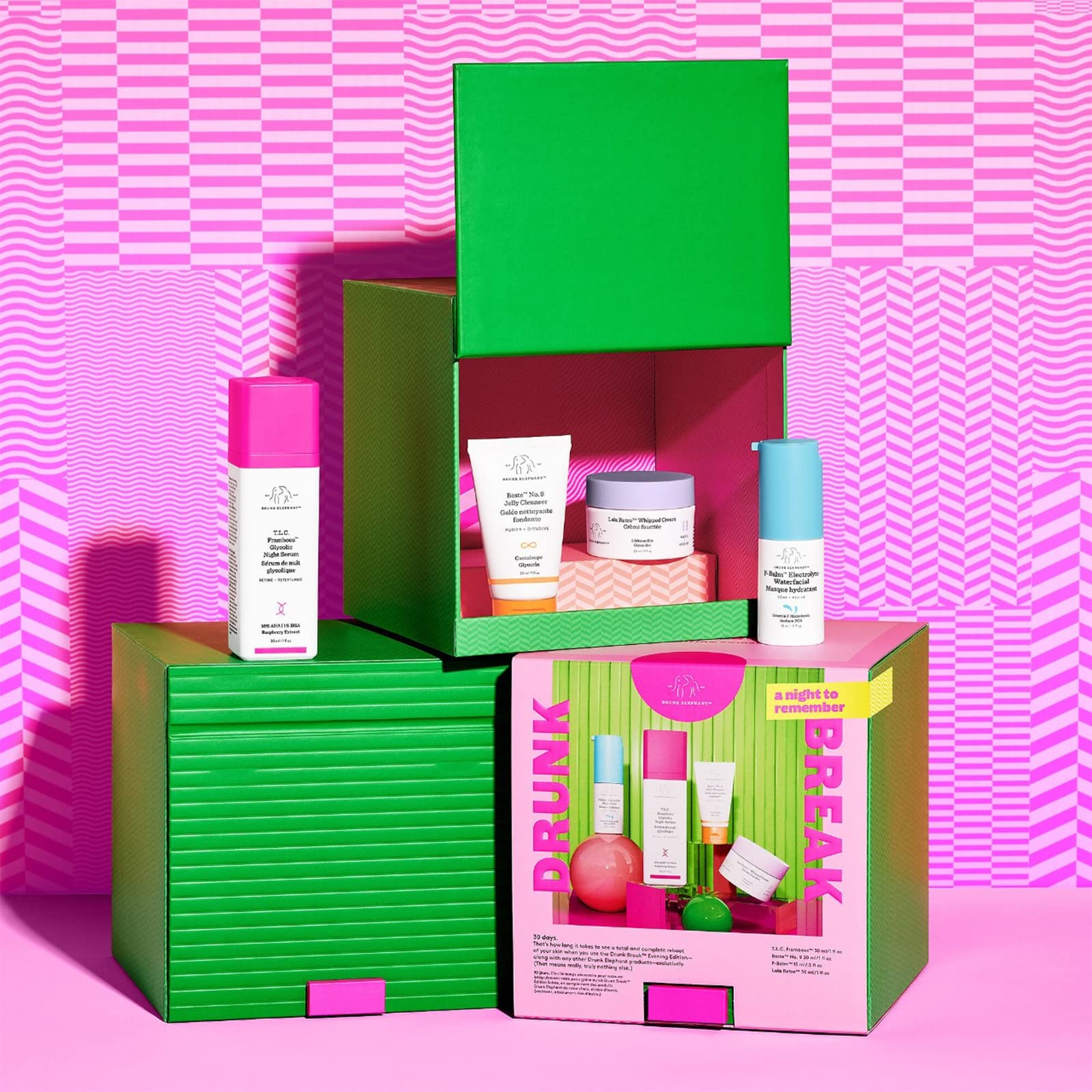 Drunk Elephant Drunk Break: A Night to Remember Night Kit - T.L.C. Framboos Glycolic Night Serum, Lala Retro Whipped Cream, Beste No. 9 Jelly Cleanser, F-Balm Electrolyte Waterfacial