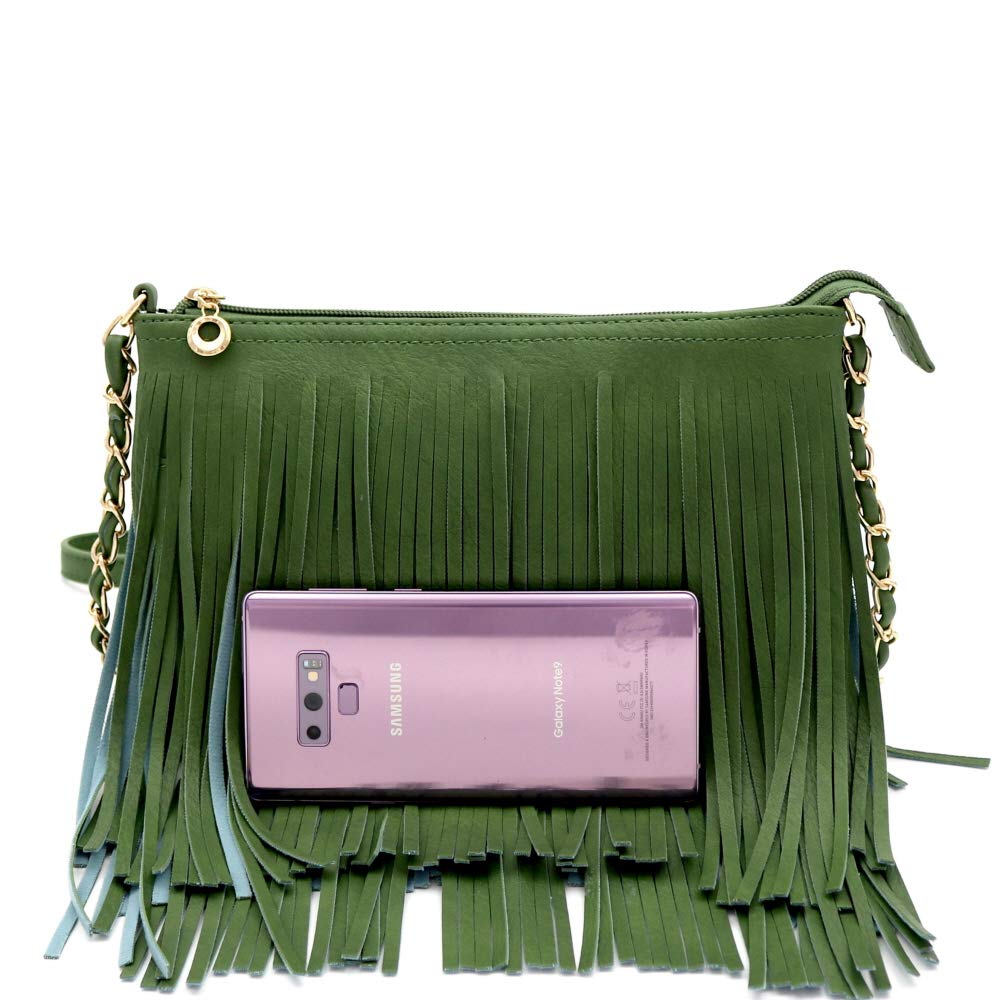 Front and Back Both Side Fringed Soft PU Leather Medium Long Cross Body Messenger Shoulder Bag (Taupe)