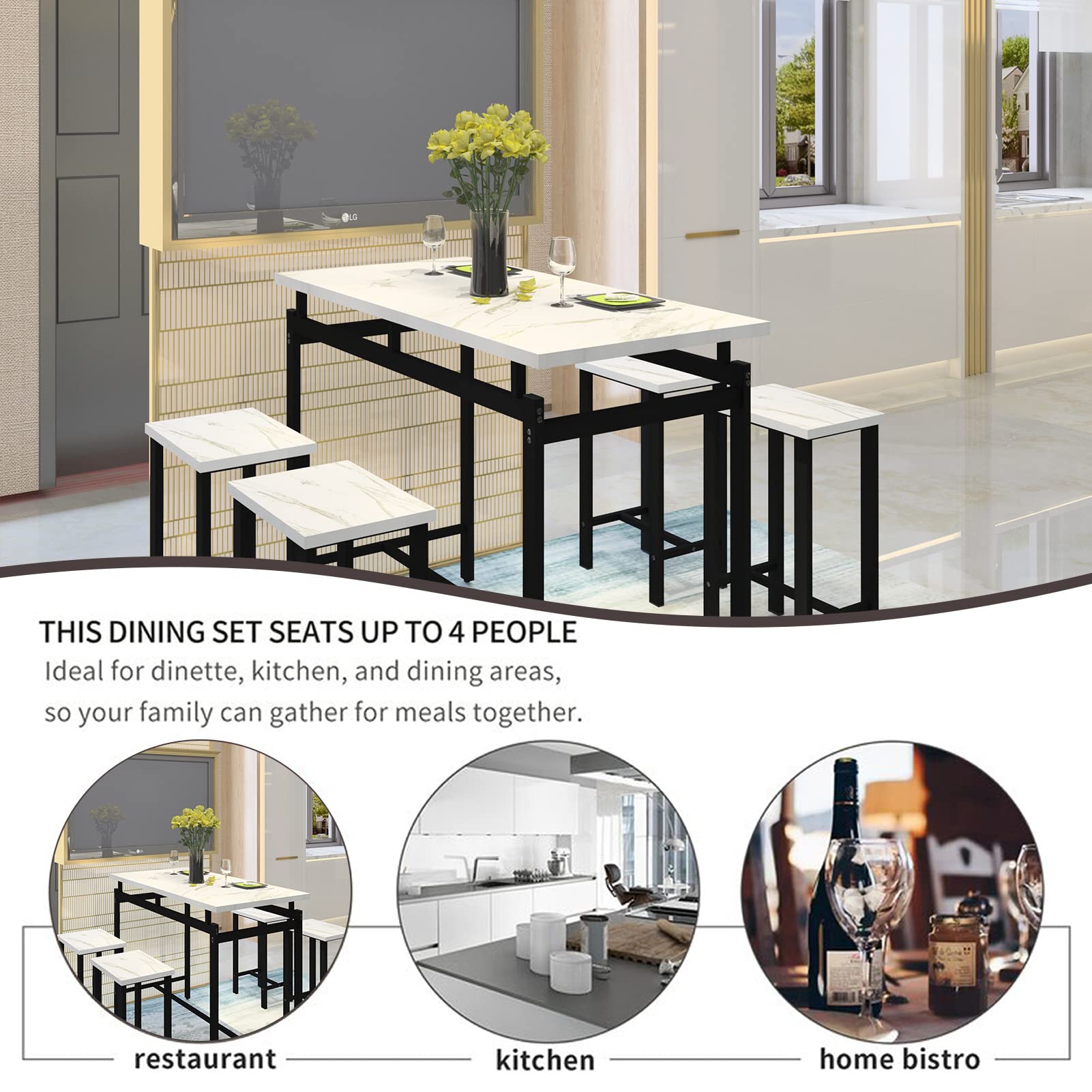 Dining Table Set for 4, 5 Pieces Kitchen Table and Chairs for Small Spaces, Bar Table and Chairs Set, Person Counter Height Table Set with 4 Chairs for Pub Restaurant Dinner Breakfast(White Statuario)