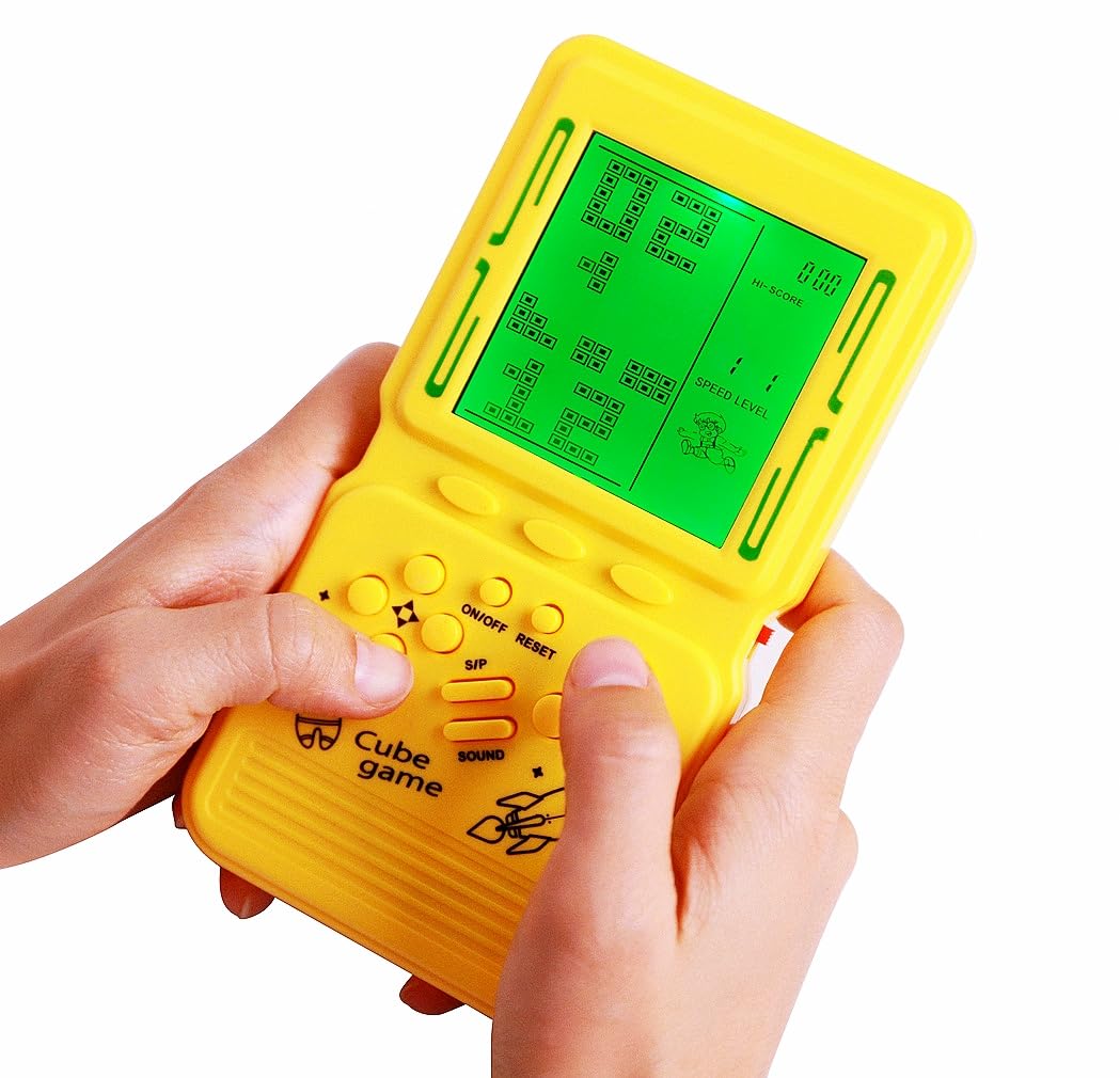 HLF Retro Brick Game Console Large Screen with Green Backlight Built-in 23 Multi-Mode Block Games Classic Nostalgia Speed and Difficulty Adjustable Powered by 2 AA Batteries (Yellow)
