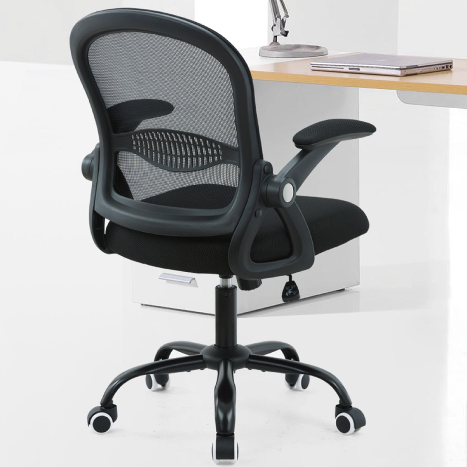 Office Desk Chair, Ergonomic Mesh Office Task Chairs, Mid-Back Computer Desk Chair with Wheels, Flip-up Arms Comfortable Lumbar Support for Home Study, Black