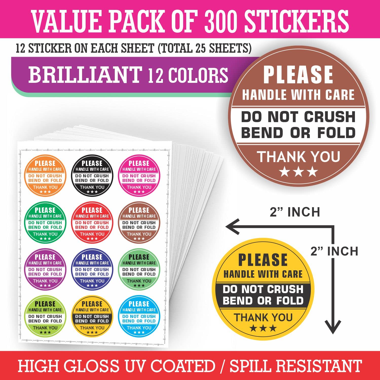 Handmade with Love Stickers - (Pack of 300) 2" Large in Sheets Essential Small Business Labels for Packaging Gift Envelopes Seals Boxes - Multi Color