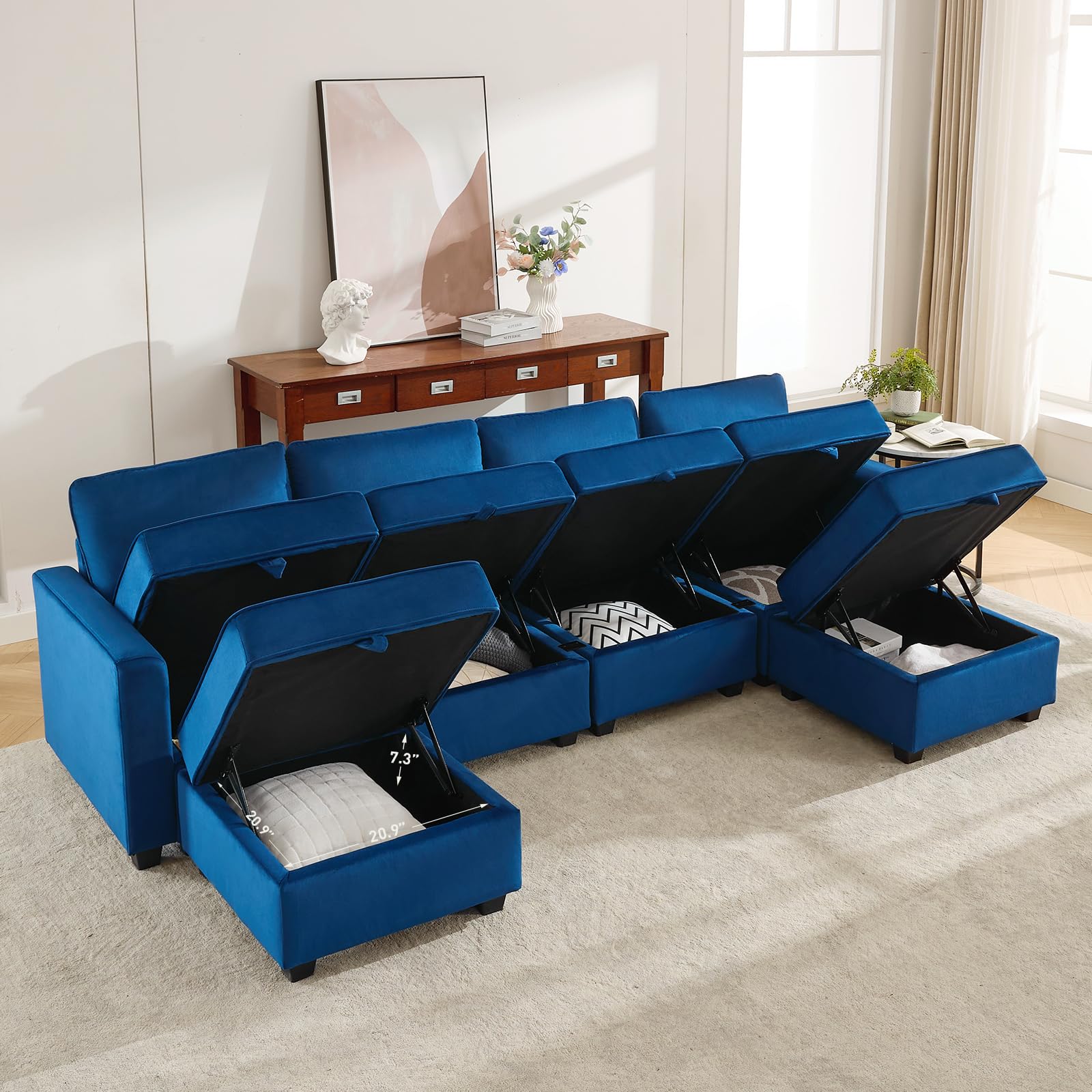 ohllob 110" Modular Sectional Sofa with Storage, 6 Seat Convertible Couches for Living Room, Velvet U Shaped Sofa Bed Couch, Blue