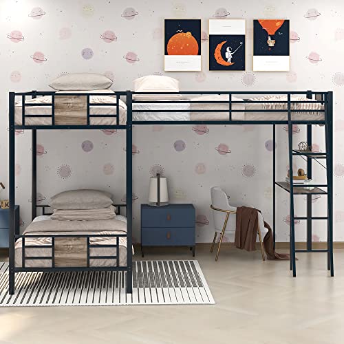TARTOP L-Shaped Twin Over Twin&Twin Triple Bunk Bed with Desk and Shelf, Metal Bunkbed Linked with a Loftbed for 3 People, Kids Teens Bedroom, Brown