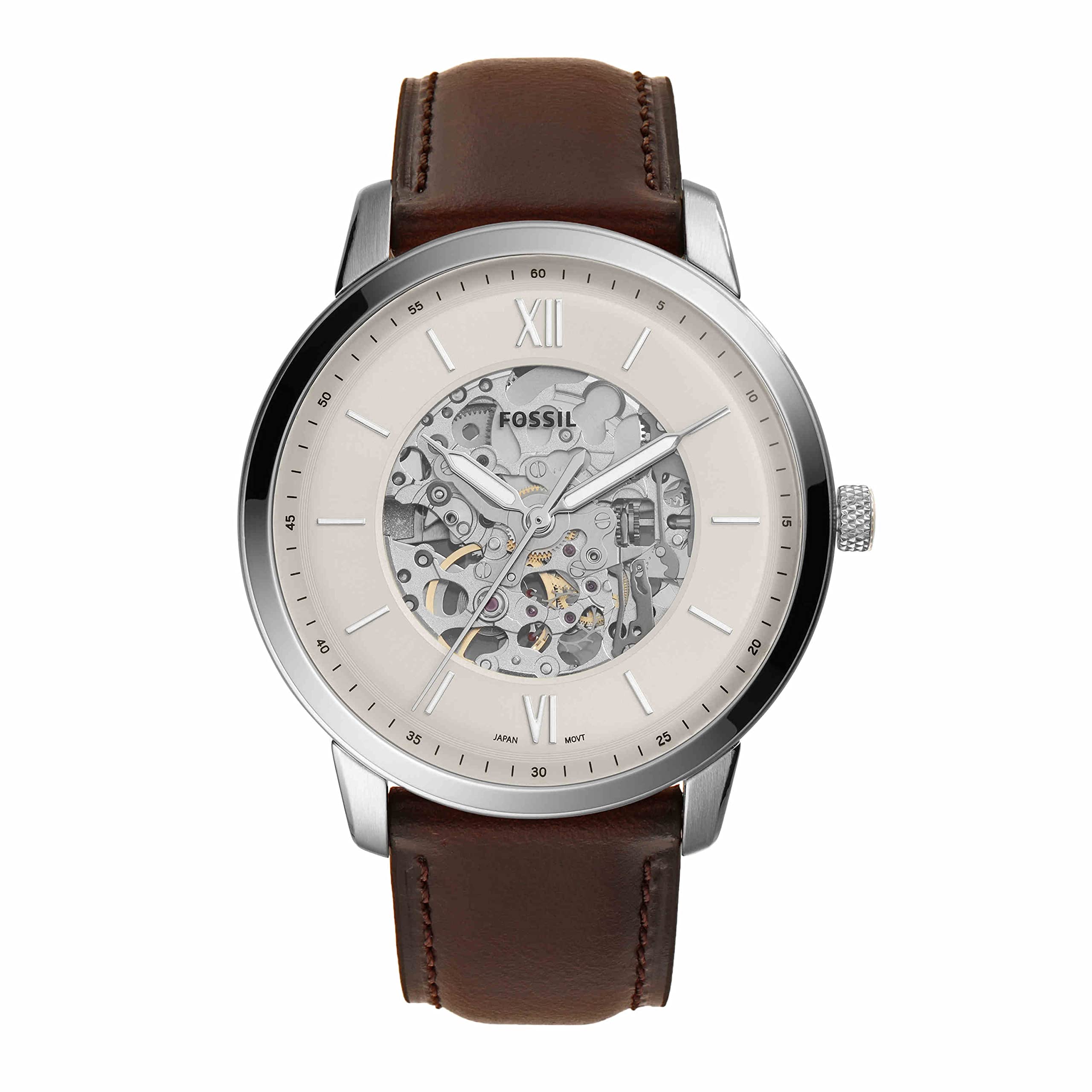 Fossil Men's Neutra Automatic Stainless Steel and Leather Three-Hand Skeleton Watch, Color: Silver, Brown (Model: ME3184)