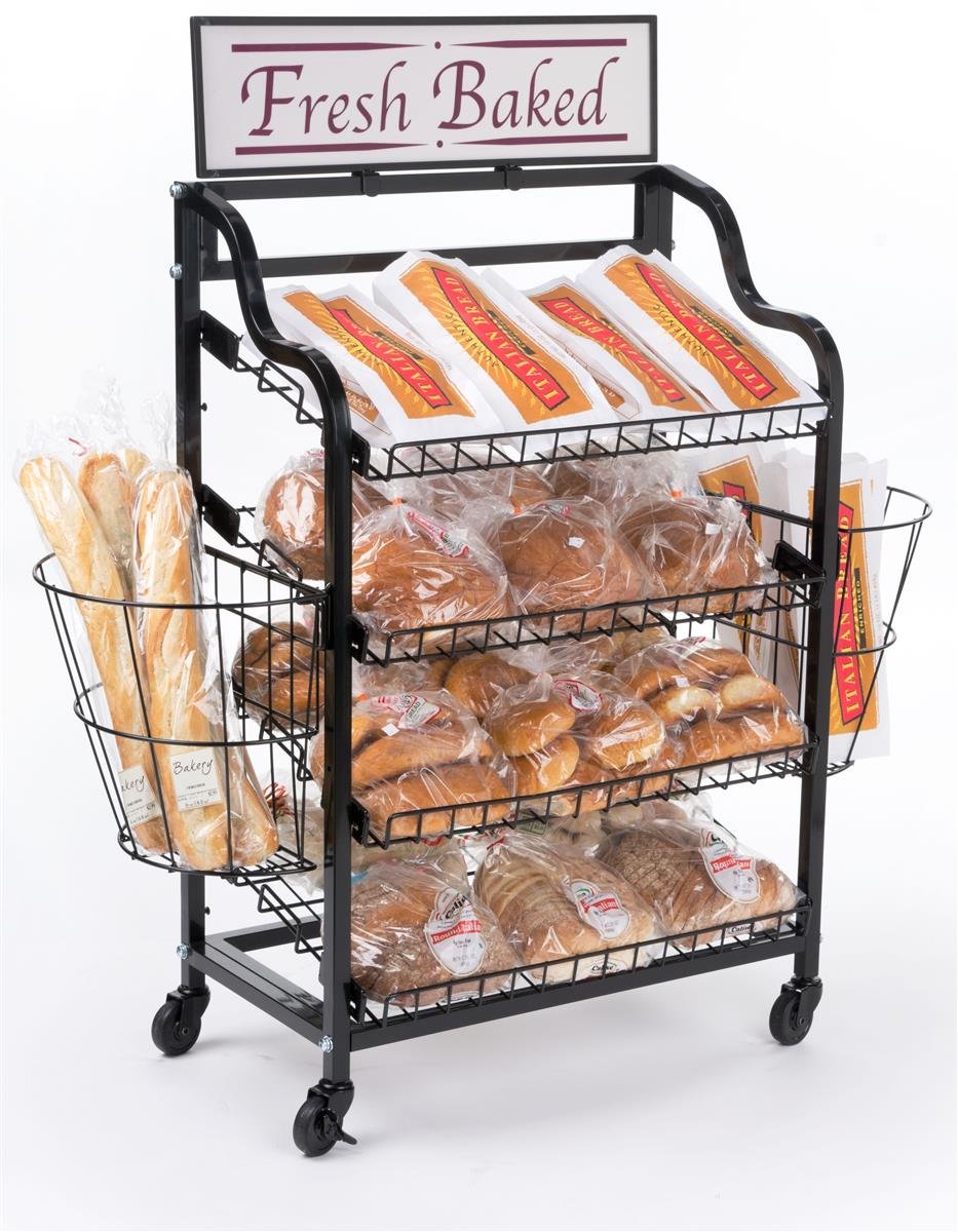 Displays2go “Fresh Baked” Bakery Merchandiser with Adjustable Shelves, (2) Side Baskets for Baguettes, (2) Sign Holder Options, Locking Wheels, Black