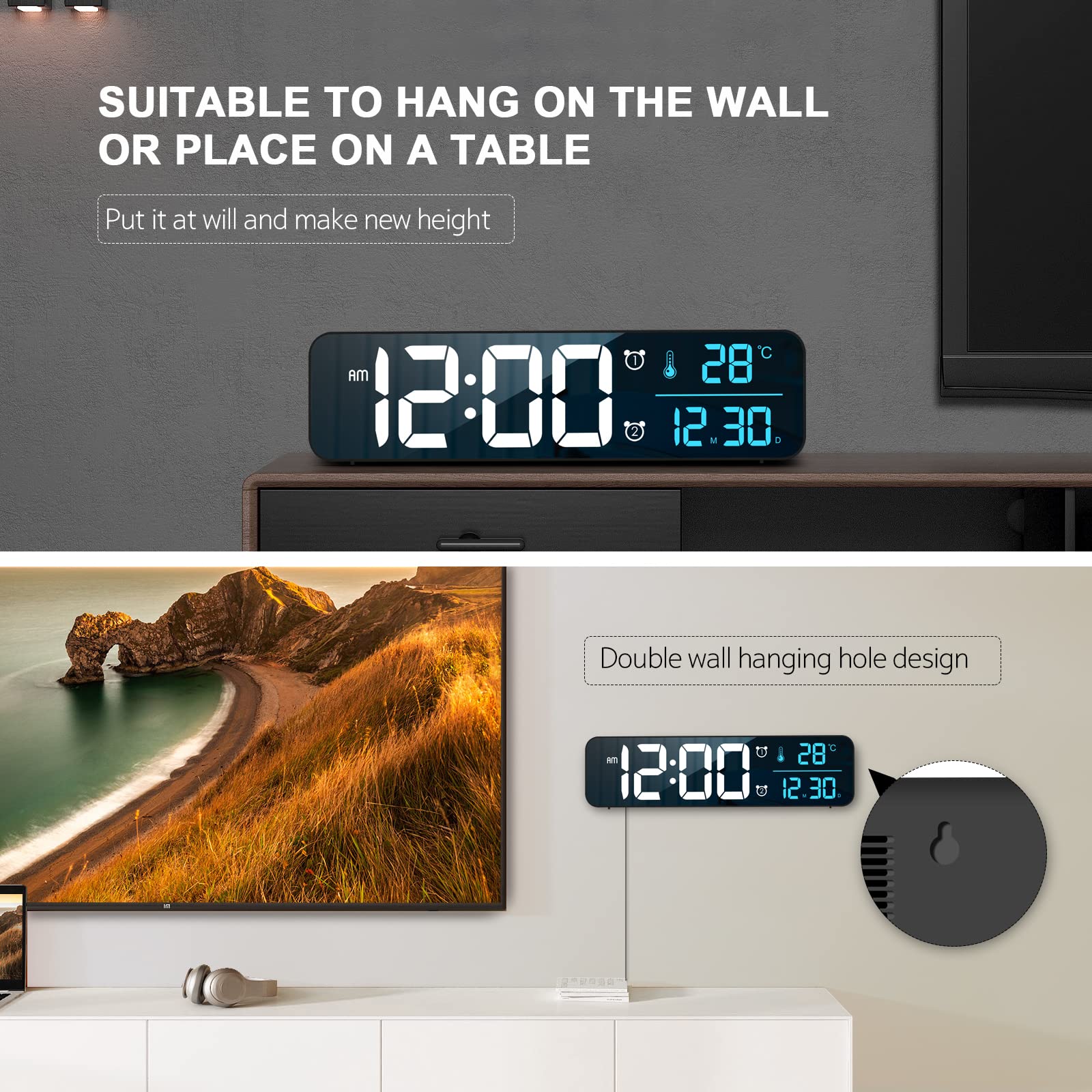 Digital Clock, Clock for Bedroom, Digital Wall Clock, Clocks for Living Room Decor, Desk Clock, Table Clock, Digital Clock Large Display, Smart Alarm Clock for Office Blue (Wired Black+Blue Digit)
