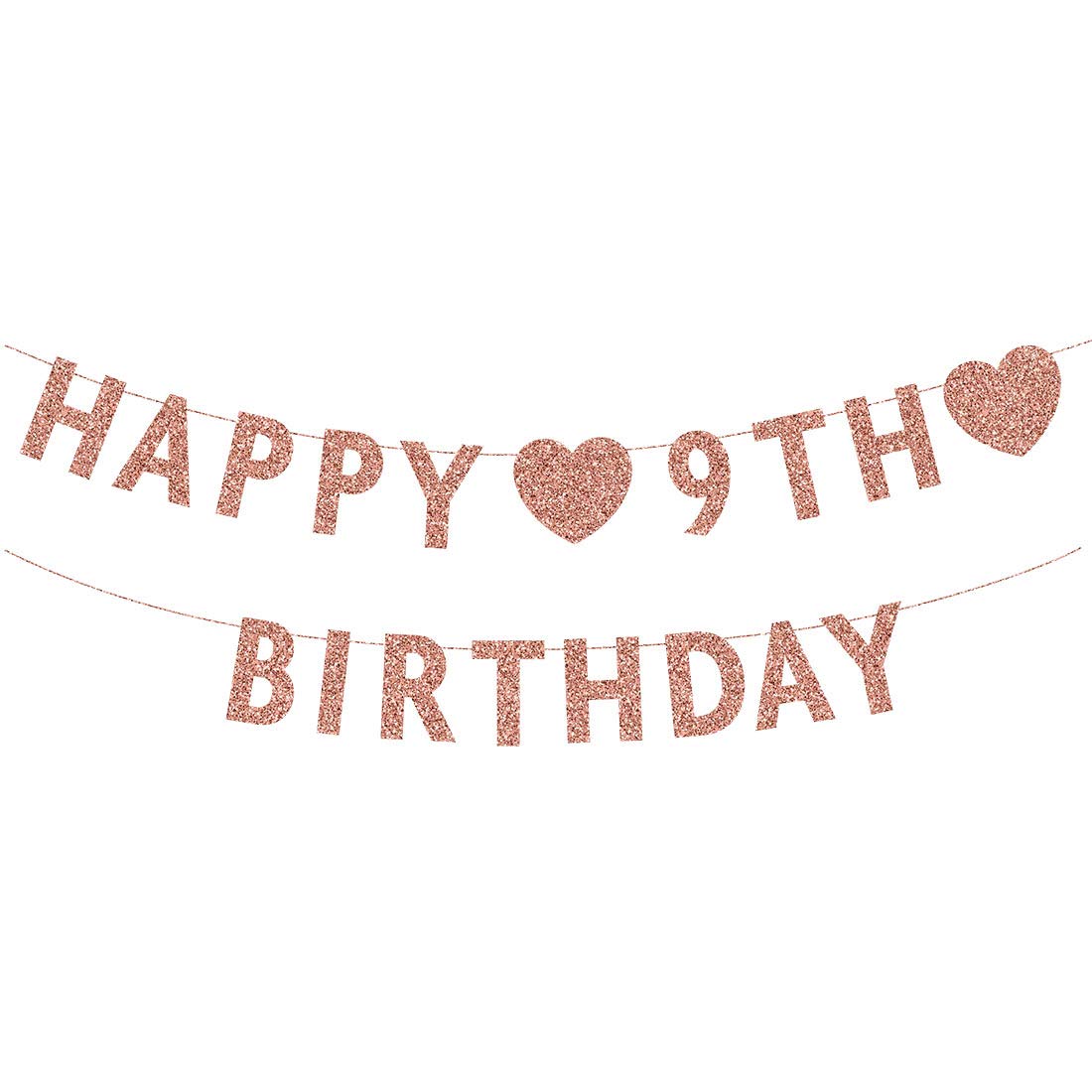 Rose Gold 9th Birthday Banner, Glitter Happy 9 Years Old Boy or Girl Party Decorations, Supplies