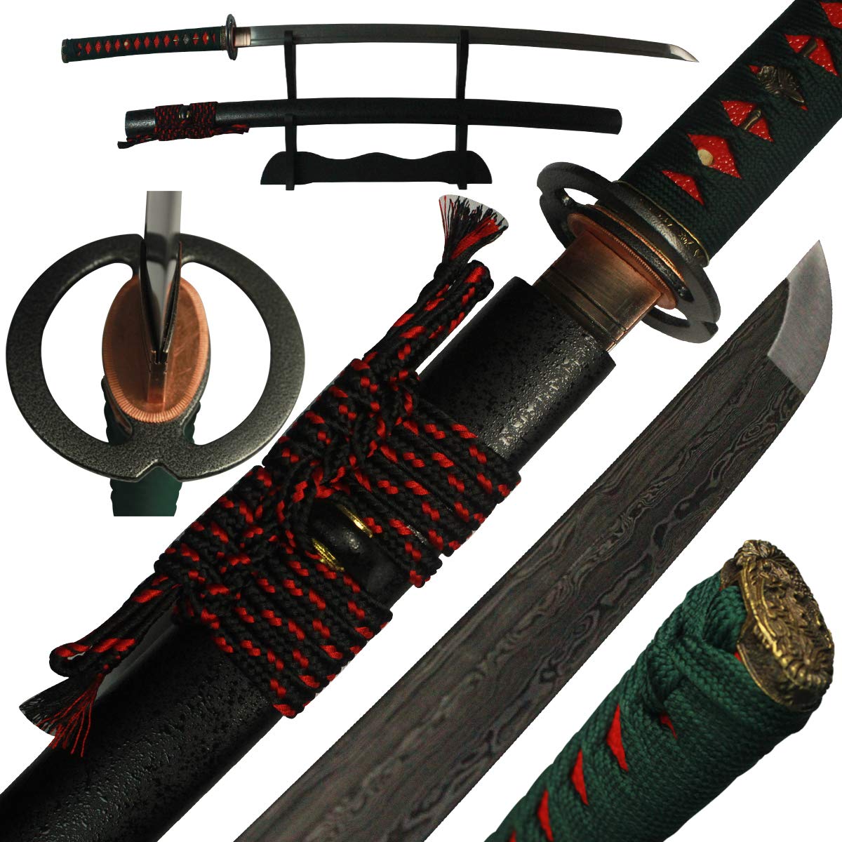 DTYES Full Handmade Damascus Steel Heat Tempered/Clay Tempered Katana Sword Real Sharp Japanese Samurai Sword Katana