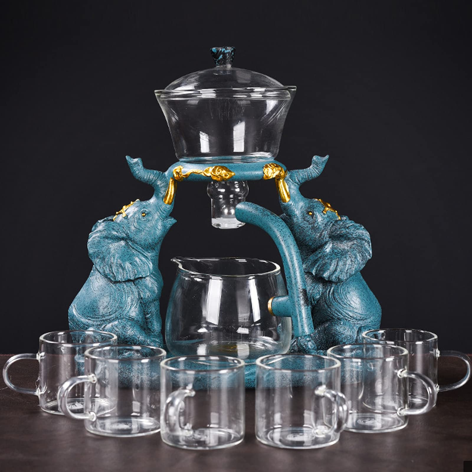 GODNOEI Elephant Glass Tea Set Lazy Kungfu Magnetic Water Diversion Creative Glass Teapot Semi Automatic Tea Maker Suit Kitchen Bar Supplies (6 tea cups)