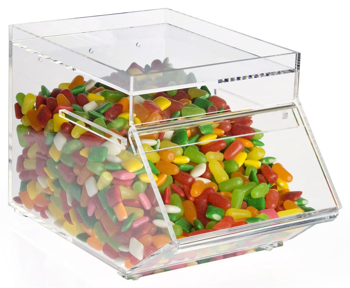Displays2go Clear Plastic Candy Container, 6-1/8"w x 6-3/8"h x 9-1/2"d, with Hinged Door Holds 1 Gallon of Dry Foods