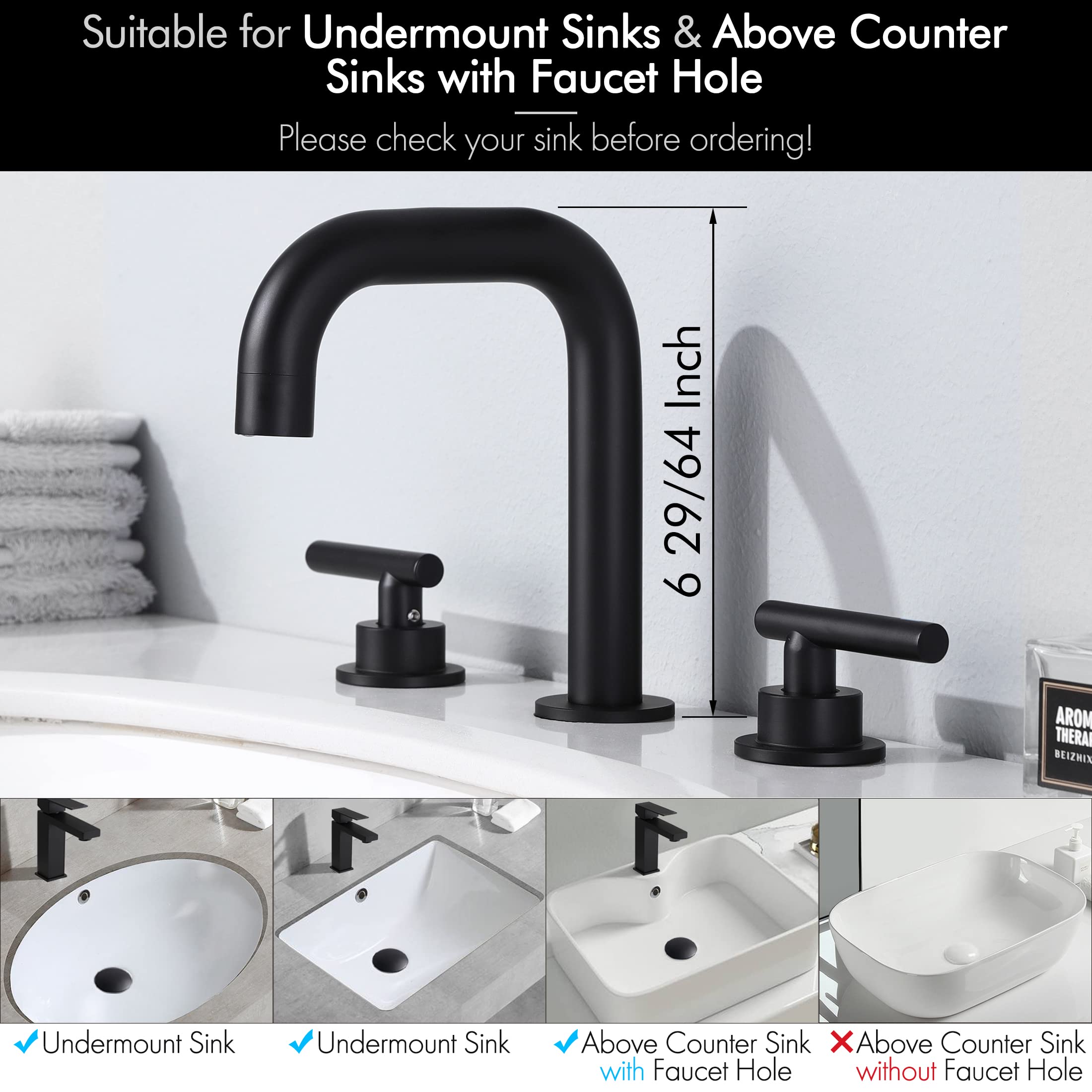KES Black Faucet for Bathroom Sink 8-Inch Widespread 3 Hole Modern Vanity 2 Handle Brass with Supply Hoses, Sink Drain Not Included, L4317LF-BK