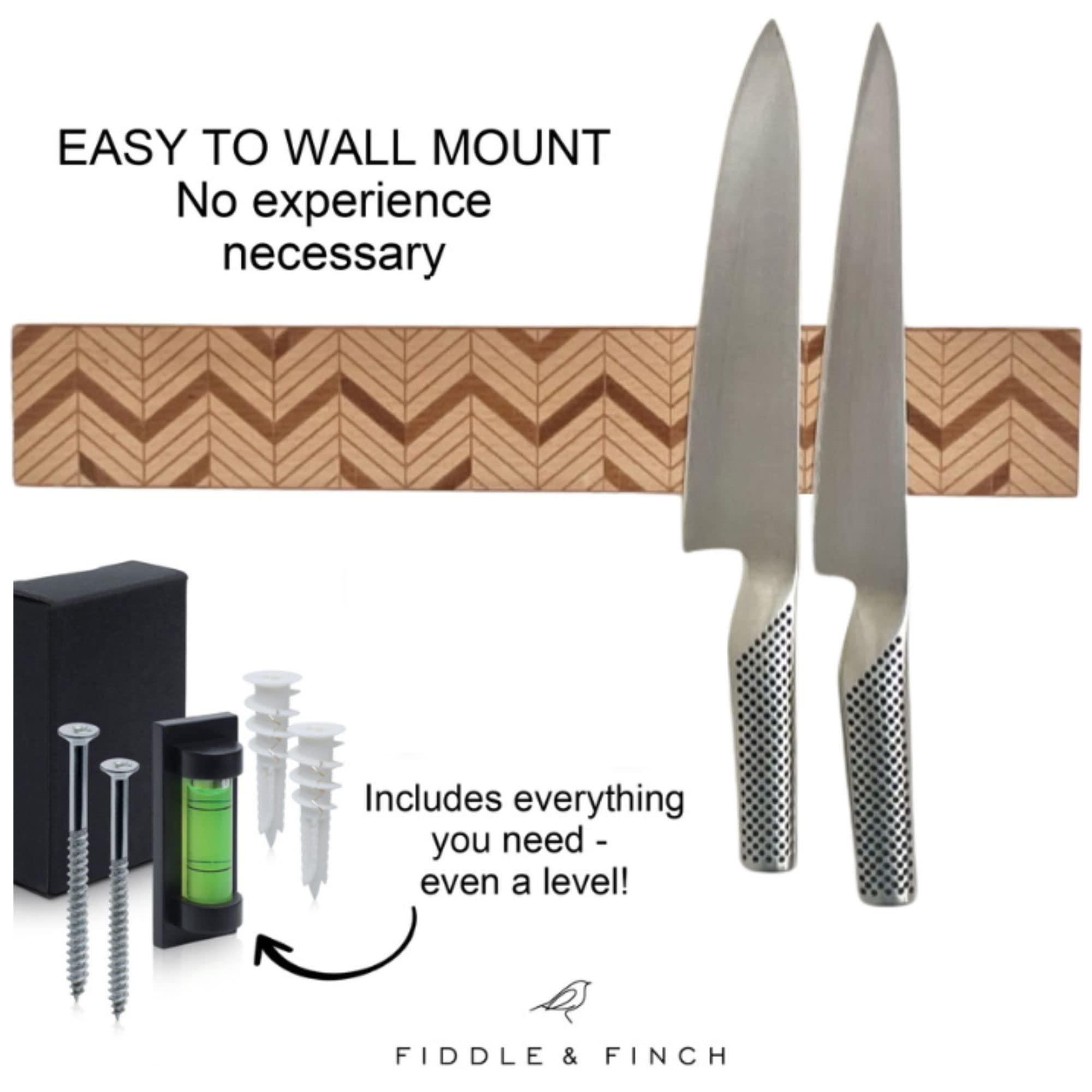 Magnetic Knife Strip or Holder - Wood Knife Rack or Knife Bar with Hardware for Hanging & Wall Mounting. Kitchen Utensil Organizer & Storage by Fiddle & Finch, 16 Inch. Herringbone