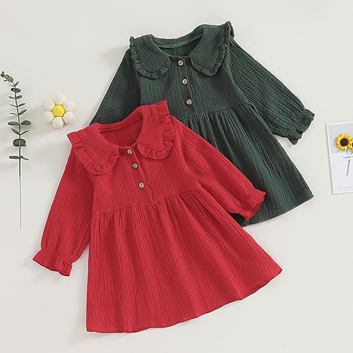 Mialoley Baby Girl Doll Collar Dress Long Sleeve Toddler Solid Color Ruffle A Line Spring Fall Casual Infant Sundress Button (Green, 18-24 Months)