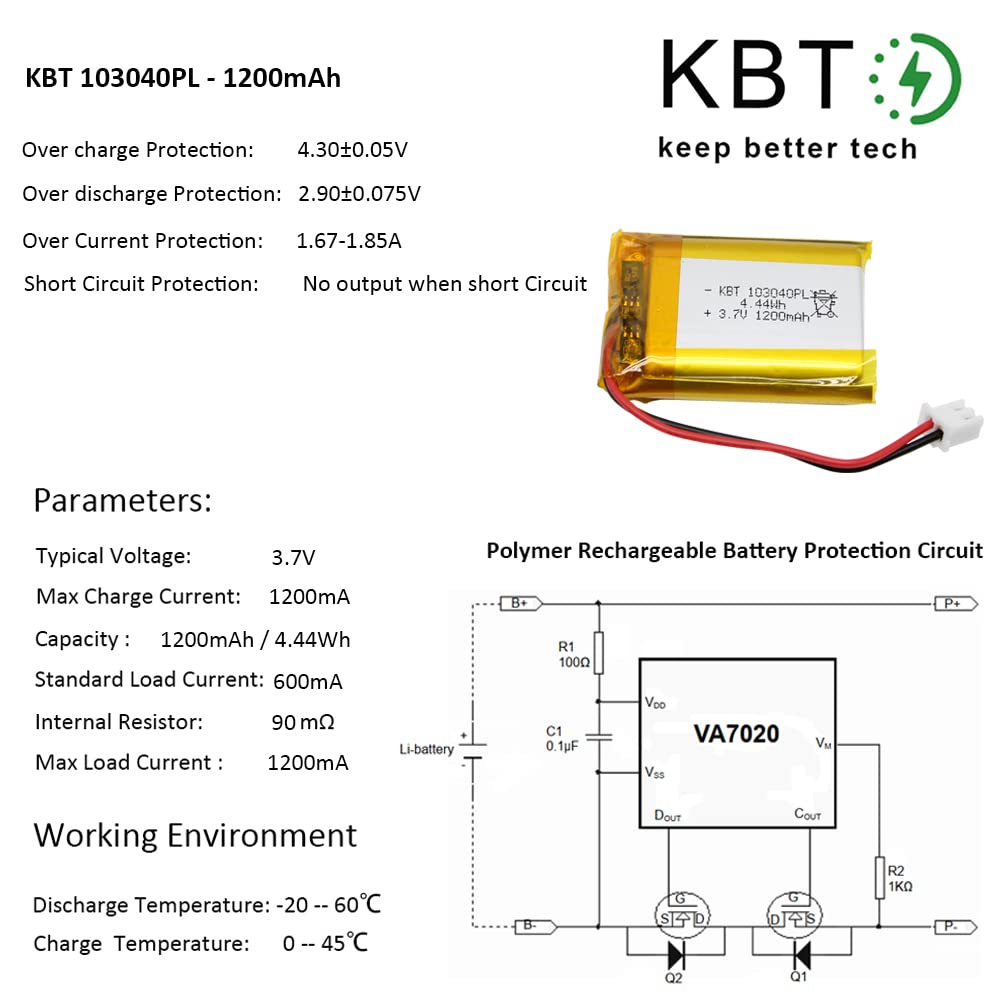 KBT 3.7V 1200mAh Li-Polymer Battery: 103040 Lipo Rechargeable Lithium-ion Replacement Batteries with JST Connector