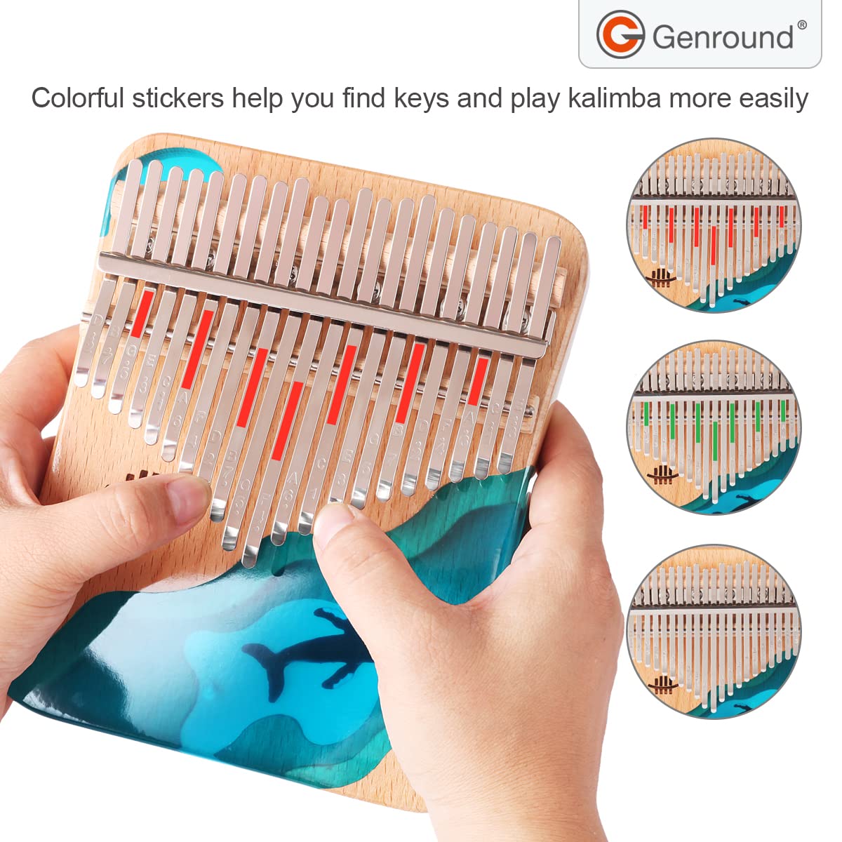 Genround Resin Kalimba Thumb Piano & Finger Instrument Set, 21 Keys & 8 Keys Piano with Beginner's Study Instruction, Portable Finger Piano Gift for Kids and Adults, Includes Tuning Hammer