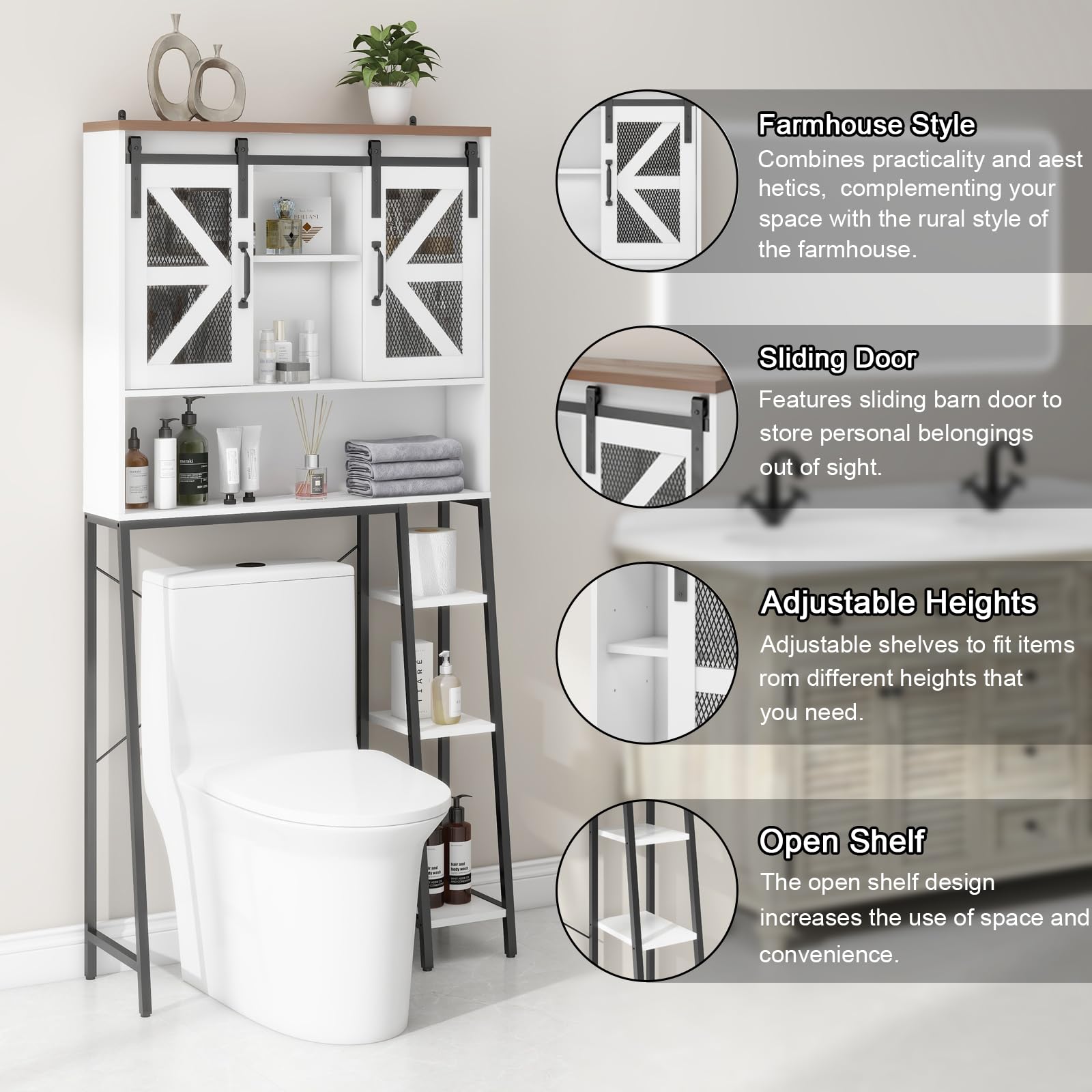 Over The Toilet Storage Cabinet, Farmhouse Storage Cabinet Over Toilet with Sliding Barn Door,Home Space-Saving Toilet Rack, for Bathroom, Restroom, Laundry