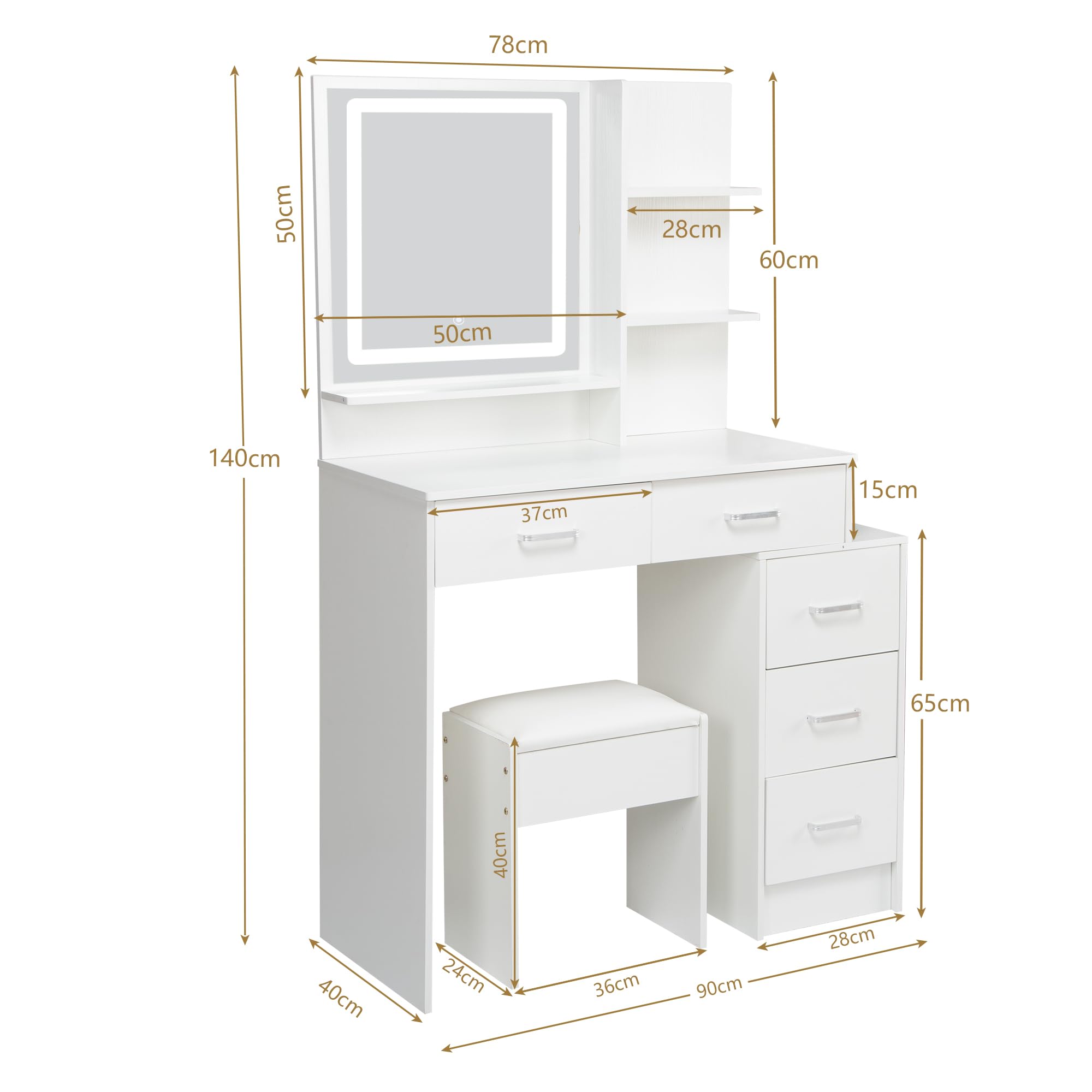 Dradaomull Makeup Vanity with LED Light in 3 Colors, Vanity Table with 4 Shelves and 5 Drawers, Dressing Table with Chair and Adjustable Brightness for Bedroom