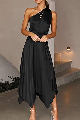 PRETTYGARDEN Women's Summer Long Satin Dress One Shoulder Sleeveless Ruched Twist Flowy Maxi Dresses (Black,Medium)