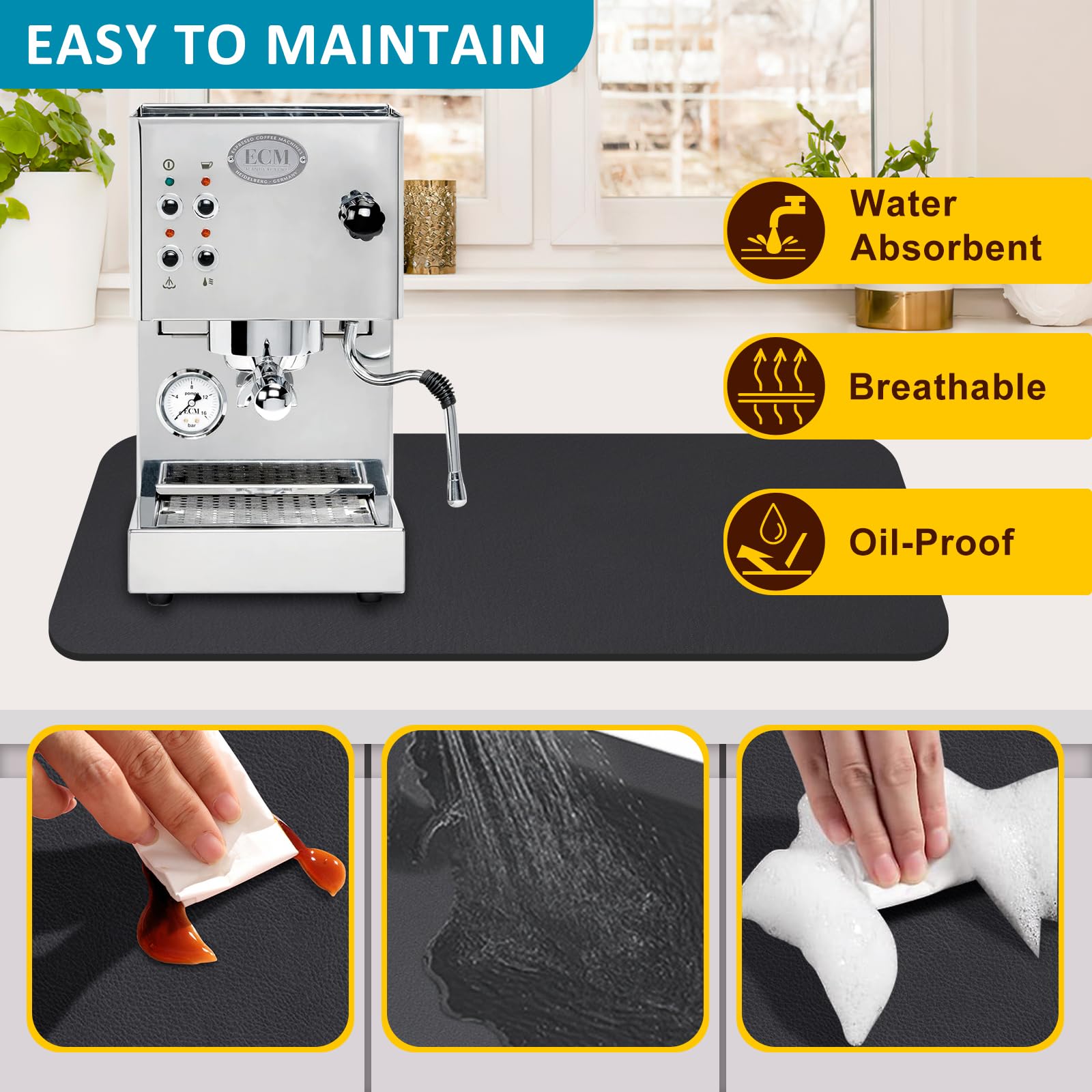 FUMAX Coffee Mat, 12"x20" Coffee Bar Mat for Countertops, Coffee Bar Accessories Fit Under Coffee Maker Espresso Machine, Hide Stain Absorbent Rubber Backed Dish Drying Mat