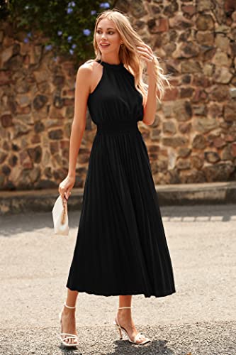 PRETTYGARDEN Women's Long Sun Dresses 2023 Sleeveless Halter Neck Flowy Pleated Maxi Cocktail Dress (Black,Large)