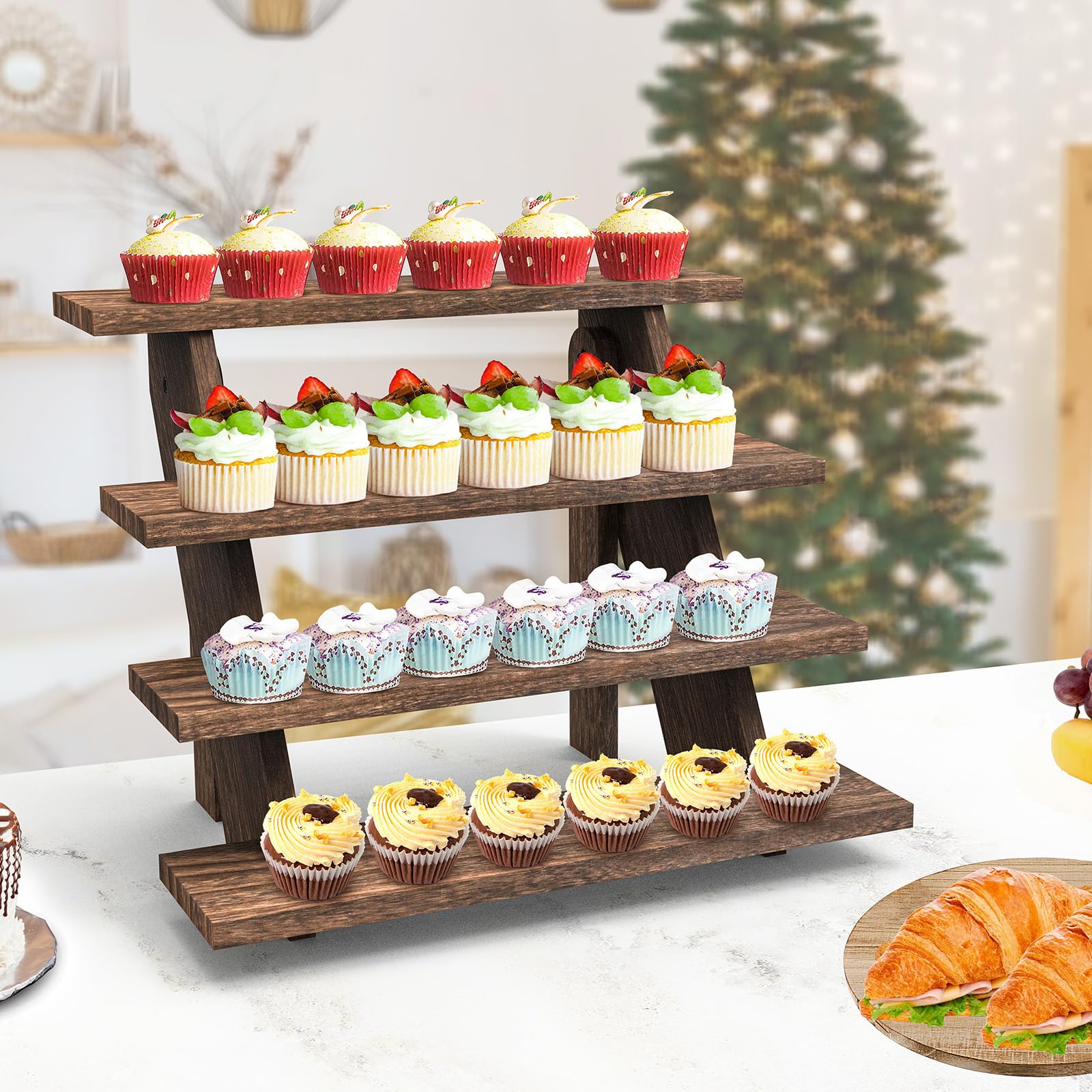 Fumingpal Wooden Cupcake Stand - 4 Tier Cupcake Display Stand, Rustic Tiered Display Stand, Tool Free Installation Cupcake Stand for Birthday Party Decoration Supplies