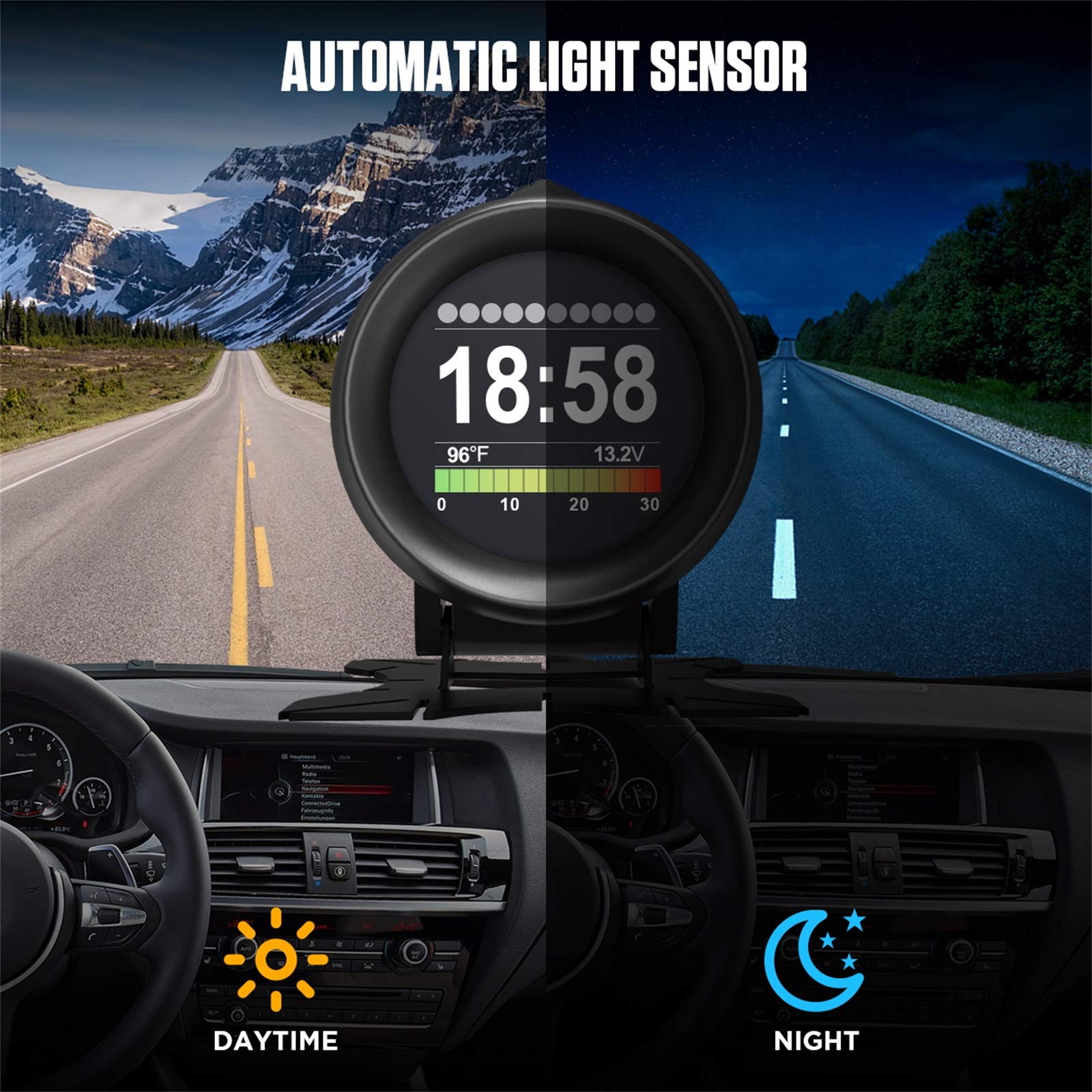 Digital Universal OBD2 EUOBD Code Reader Head Up Display with Display Battery Voltage,Engine Charging Voltages&Temperature,Overspeed Alarm,Support 12V OBDII All Vehicle