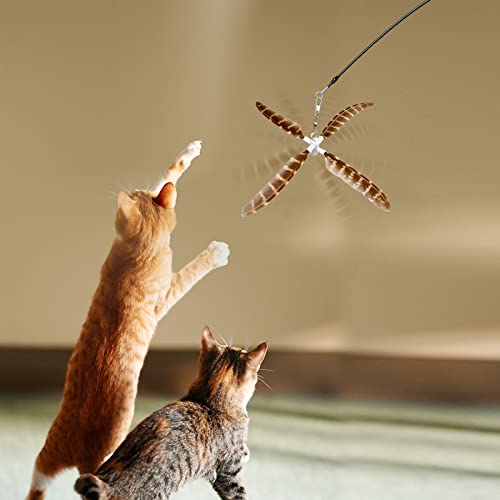 uahpet Natural Feather Cat Toys for Indoor Cats Retractable Cat Wand 60inch Safe Hunting Distance Interactive Toys for Kittens with 4Pcs Different Senses Replacement Teasers Arouse Cat Desire to Hunt