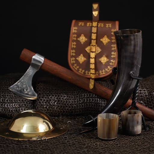 Mythrojan Drinking Horn Authentic Medieval Inspired Viking Wine/Mead Mug 650ml Bundle with Hand Forged Drinking Ale Horn Rack Twisted & Viking Norse Medieval Horn Shot Glass Pair