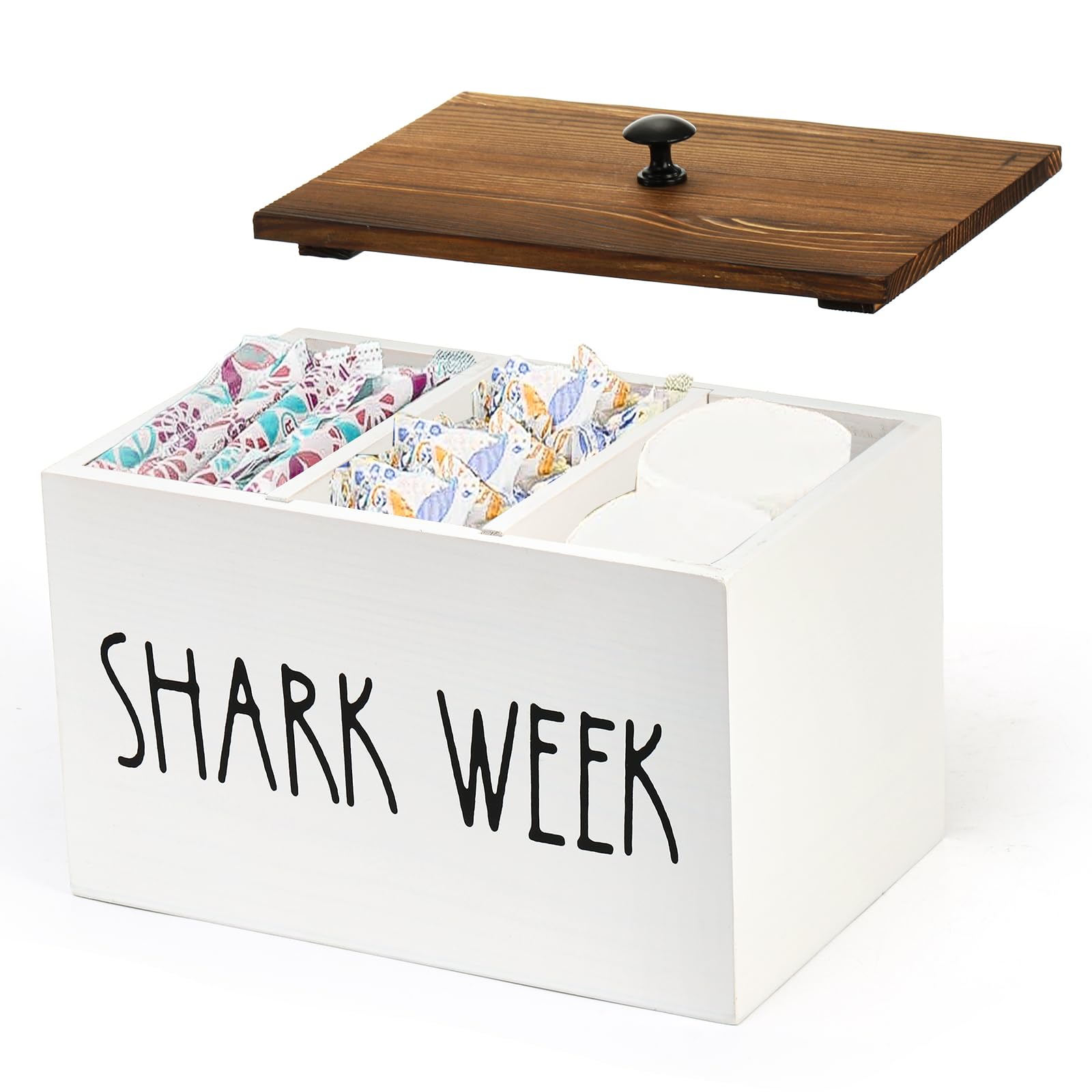 Hacaroa Tampon Holder for Bathroom, Shark Week Tampon Storage Organizer with Lid, Farmhouse Rustic Wood Pad Container Feminine Product Caddy Box for Bathroom Accessories, Movable Partition